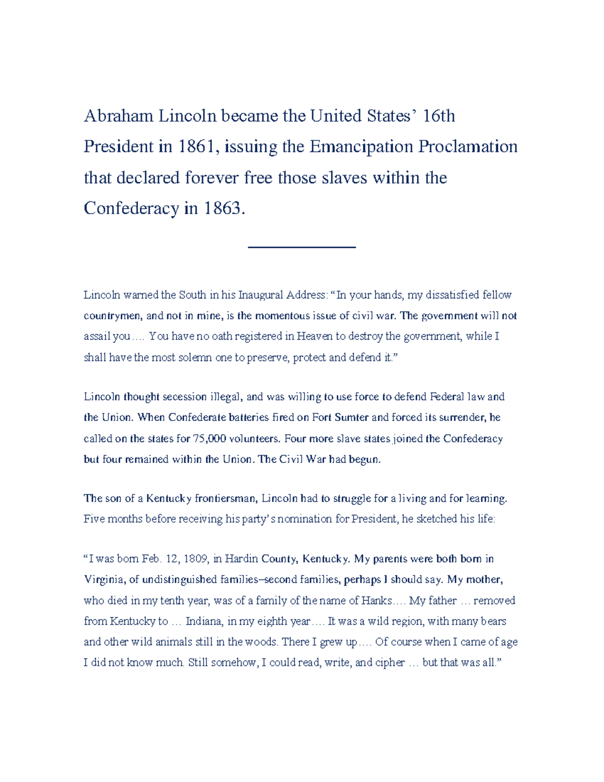 P - ayuda a estudiar - Abraham Lincoln became the United States’ 16th ...