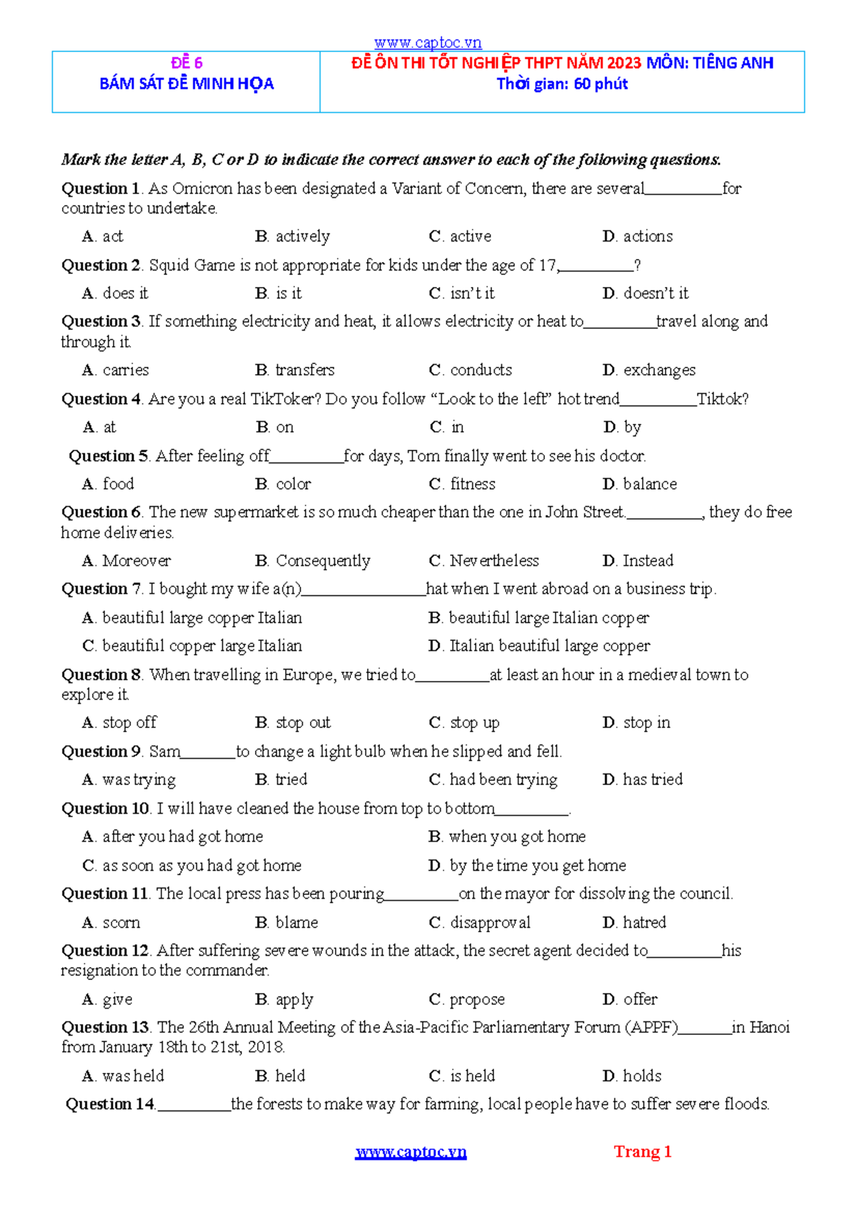 đề anh thpt 6 - jhlk - Mark the letter A, B, C or D to indicate the ...