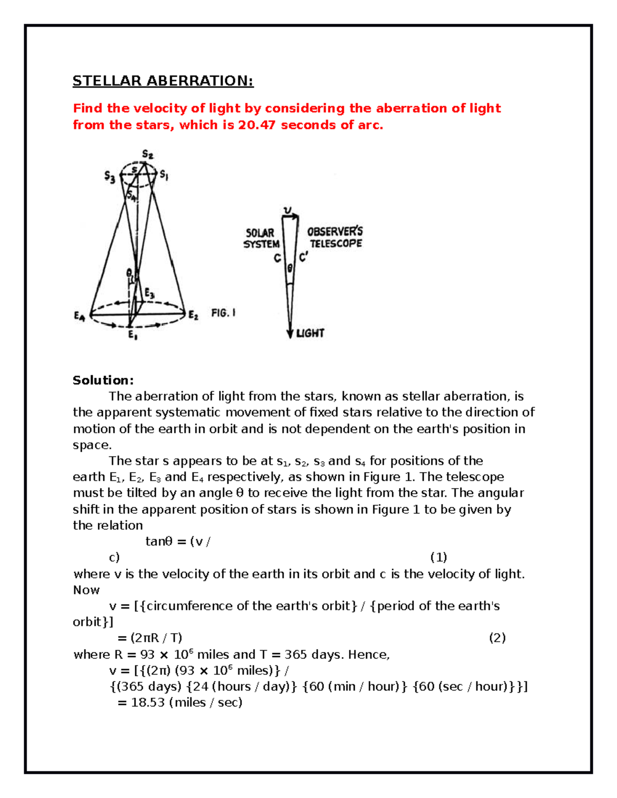 Stellar Aberration - STELLAR ABERRATION: Find the velocity of light by ...