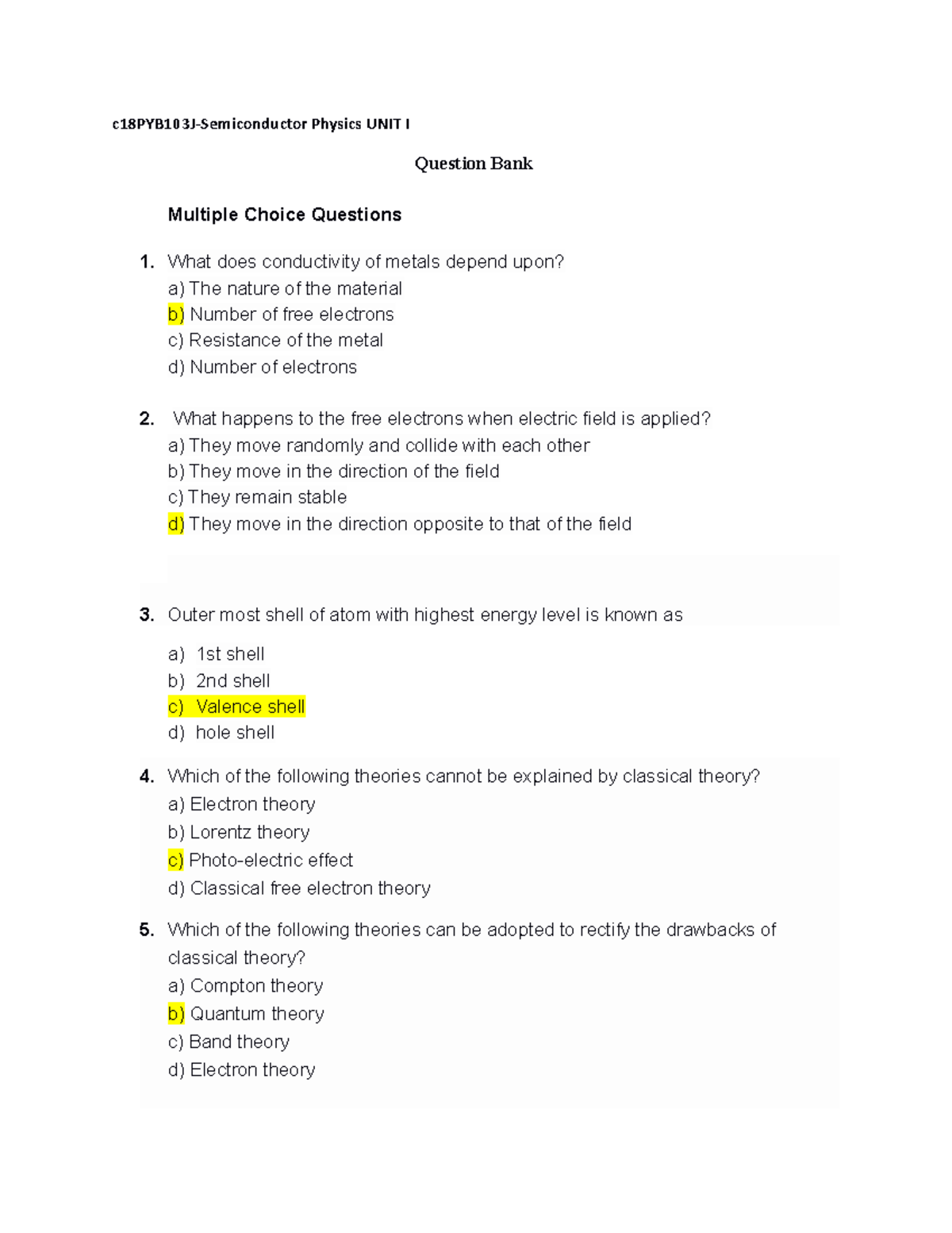 Question Bank Unit1 - c18PYB103J-Semiconductor Physics UNIT I Question Bank Multiple Choice ...