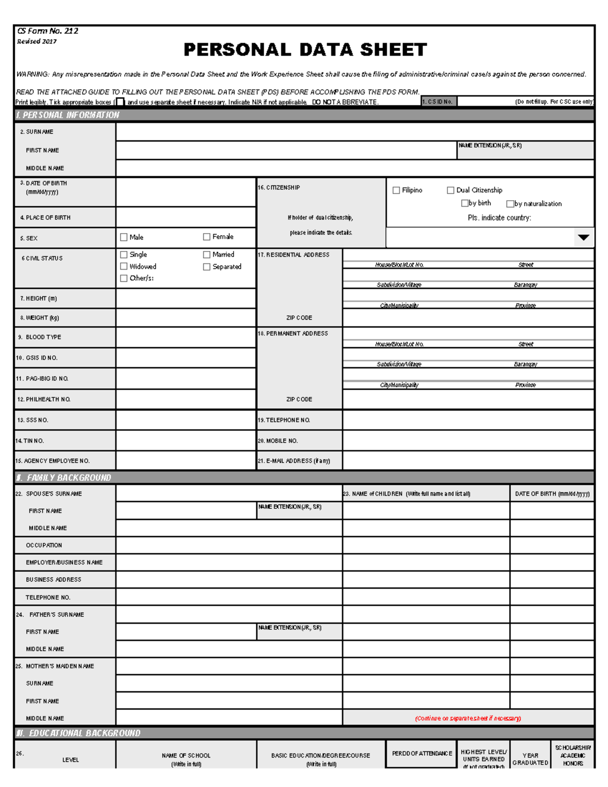 06-CSC Form 21-Revised 2017 (Personal Data Sheet) - PERSONAL DATA SHEET ...
