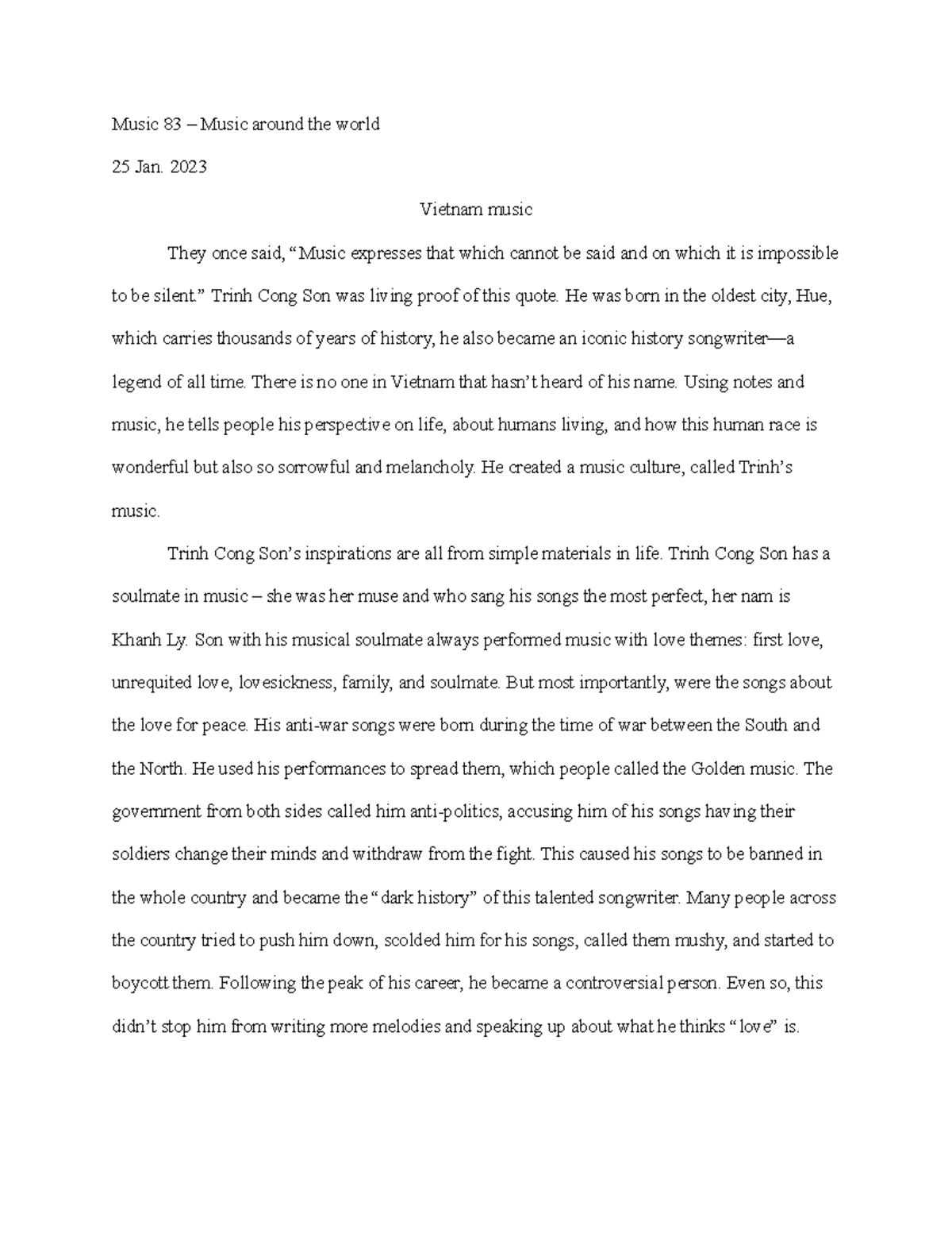 Music around the world: Vietnam music and Trinh Cong Son - Studocu