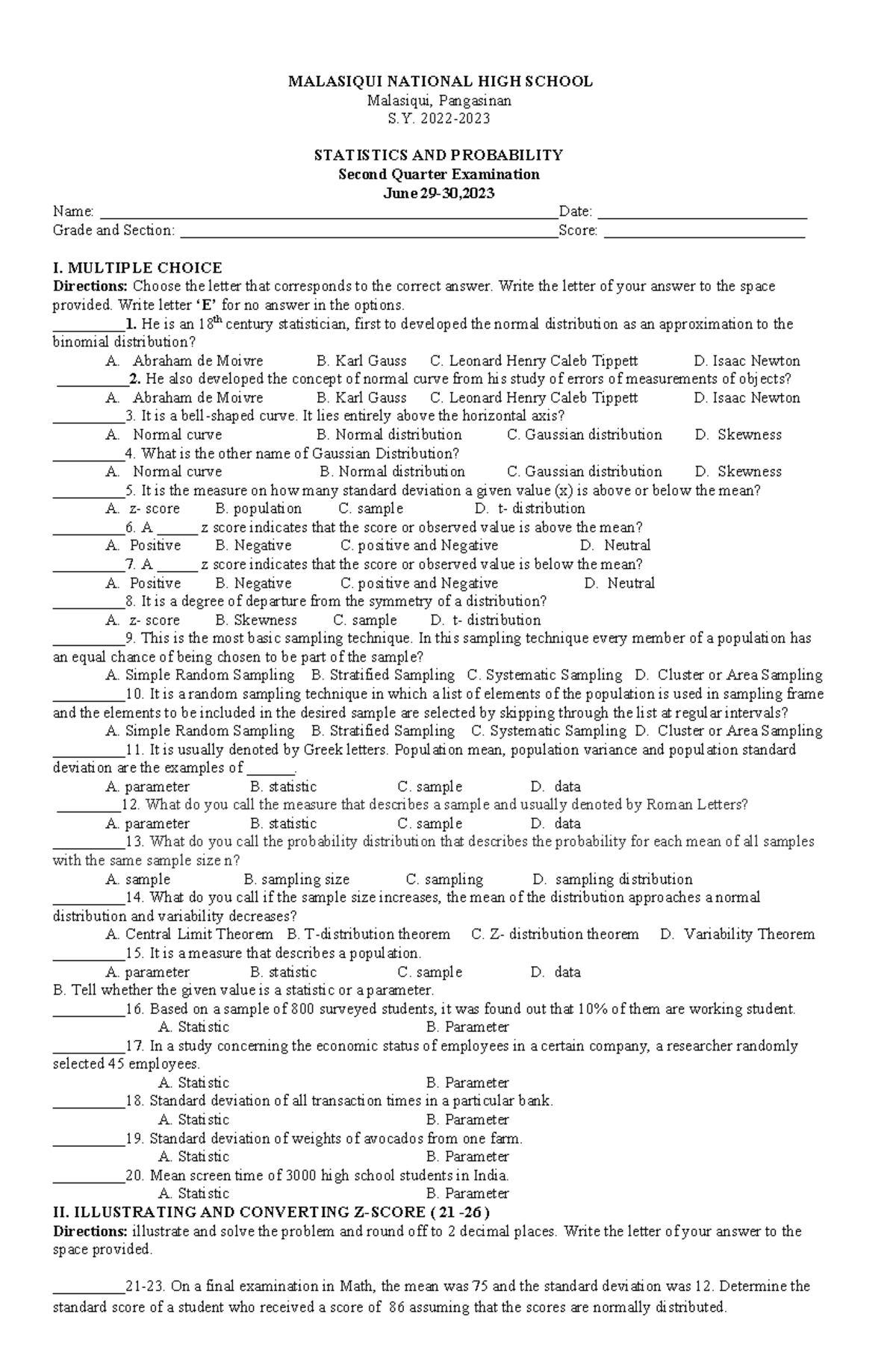 Stat and prob Final Exam - MALASIQUI NATIONAL HIGH SCHOOL Malasiqui ...