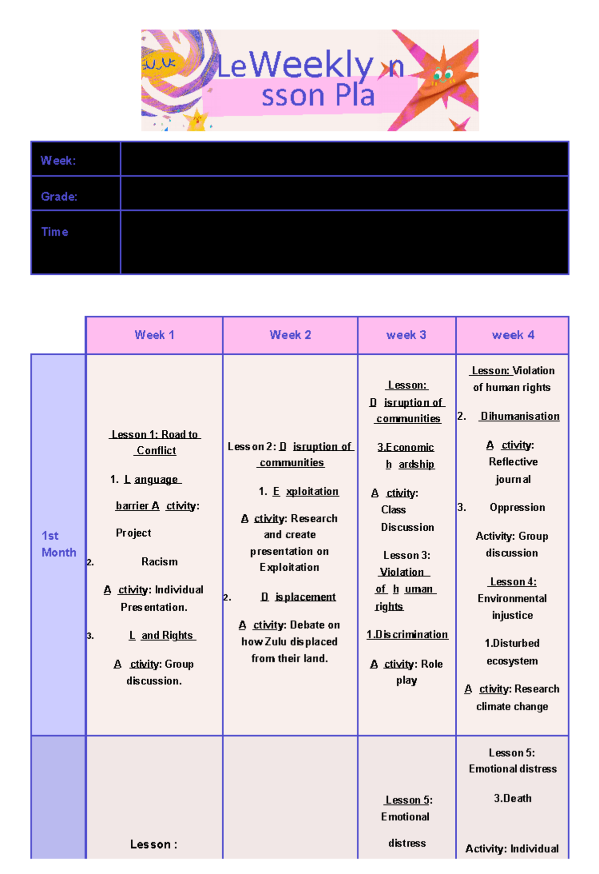 Scope and sequence (1) - work - LeWeekly n sson Pla Week 1 Week 2 week ...