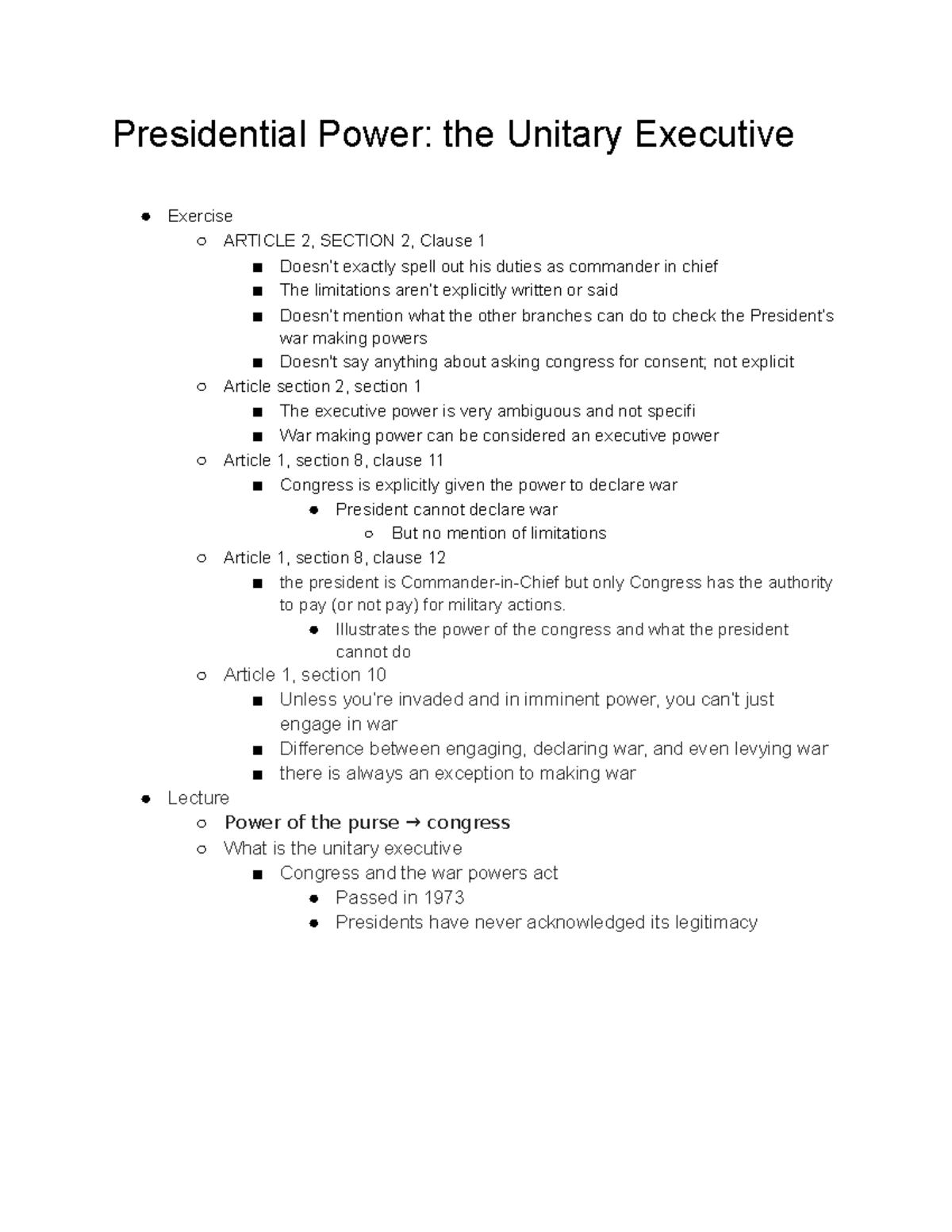 Presidential Power: the Unitary Executive notes - Presidential Power ...