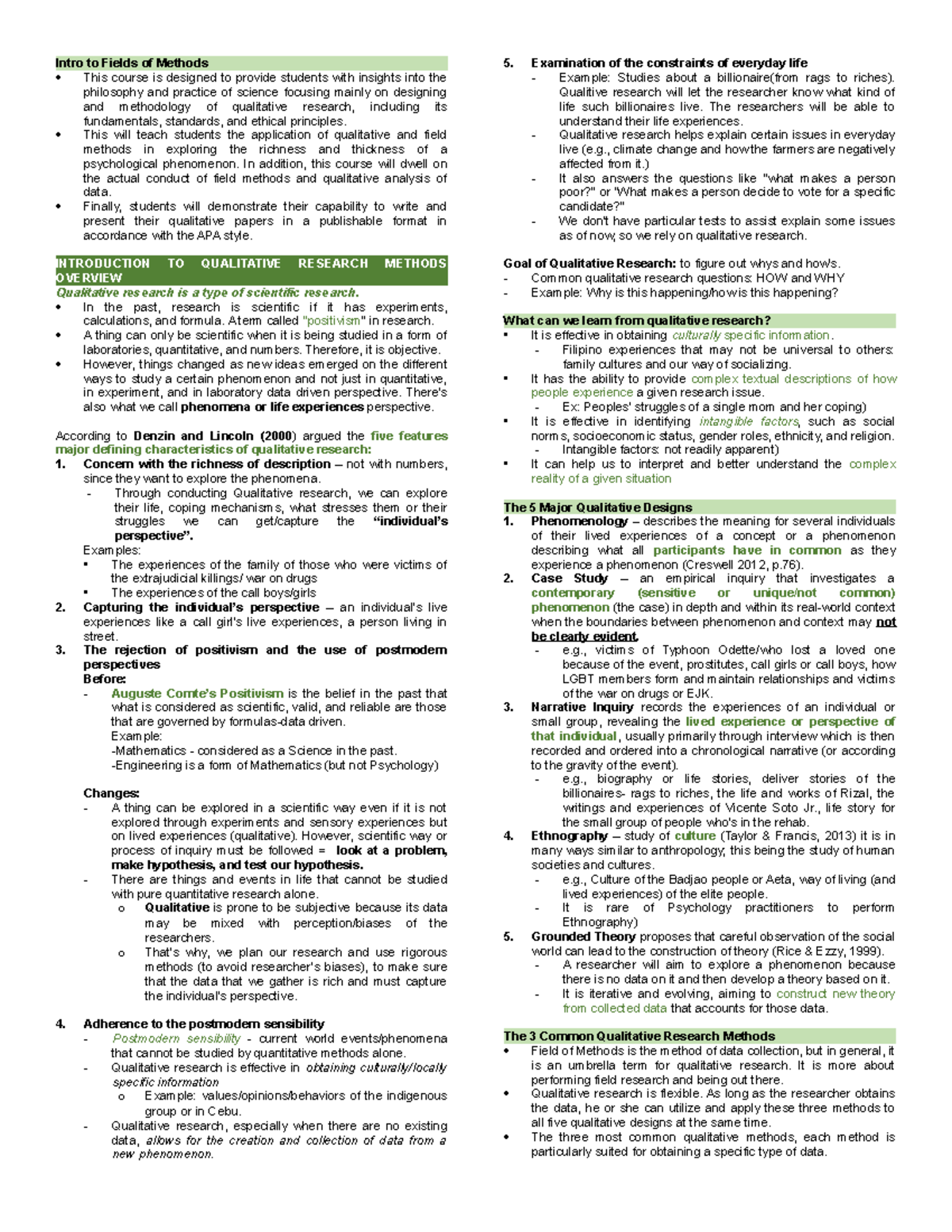 Notes Field Methods in Psychology - Intro to Fields of Methods This ...