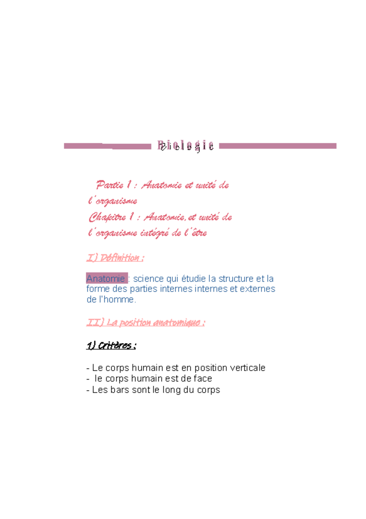 Fiches bio premiere - B i o l o g i e I) Définition : Anatomie ...