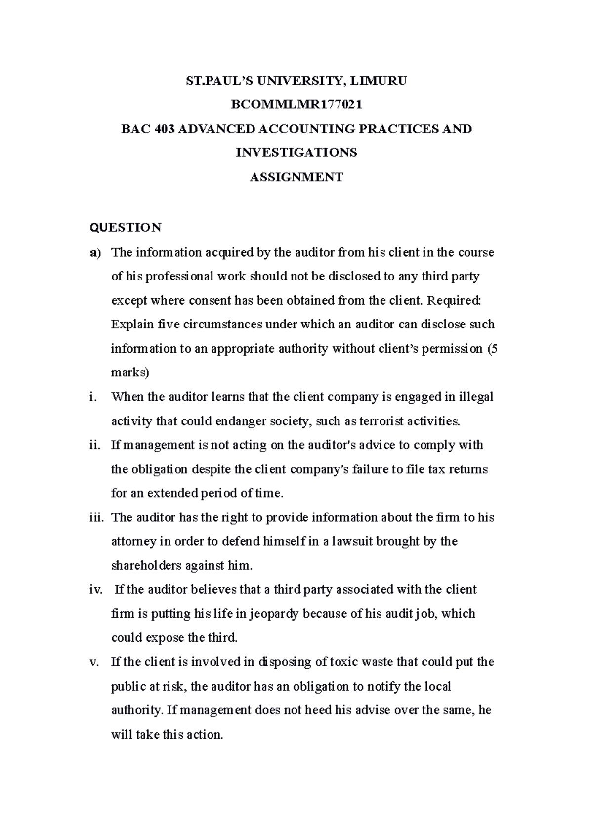 Advance Accounting Practices AND Investigations , Assignment - ST’S ...