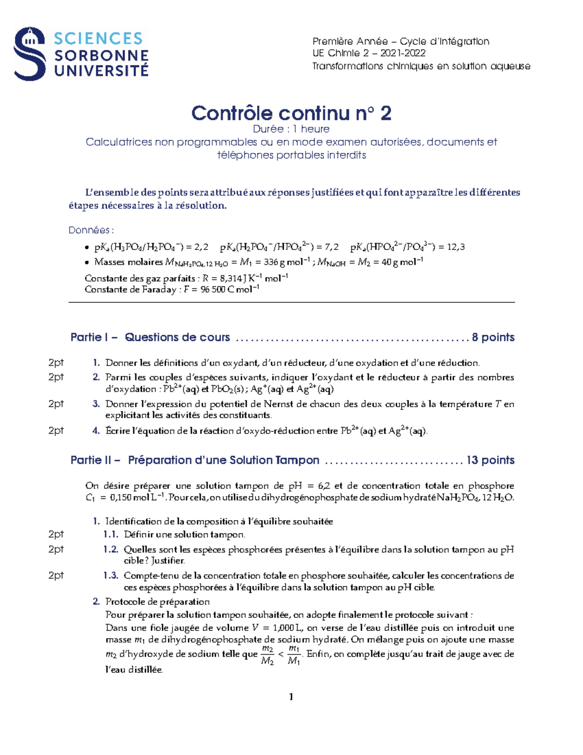 CC2 2022 Enoncé - Premi `ere Ann ́ee – Cycle d’int ́egration UE Chimie 2 – 2021- Transformations ...