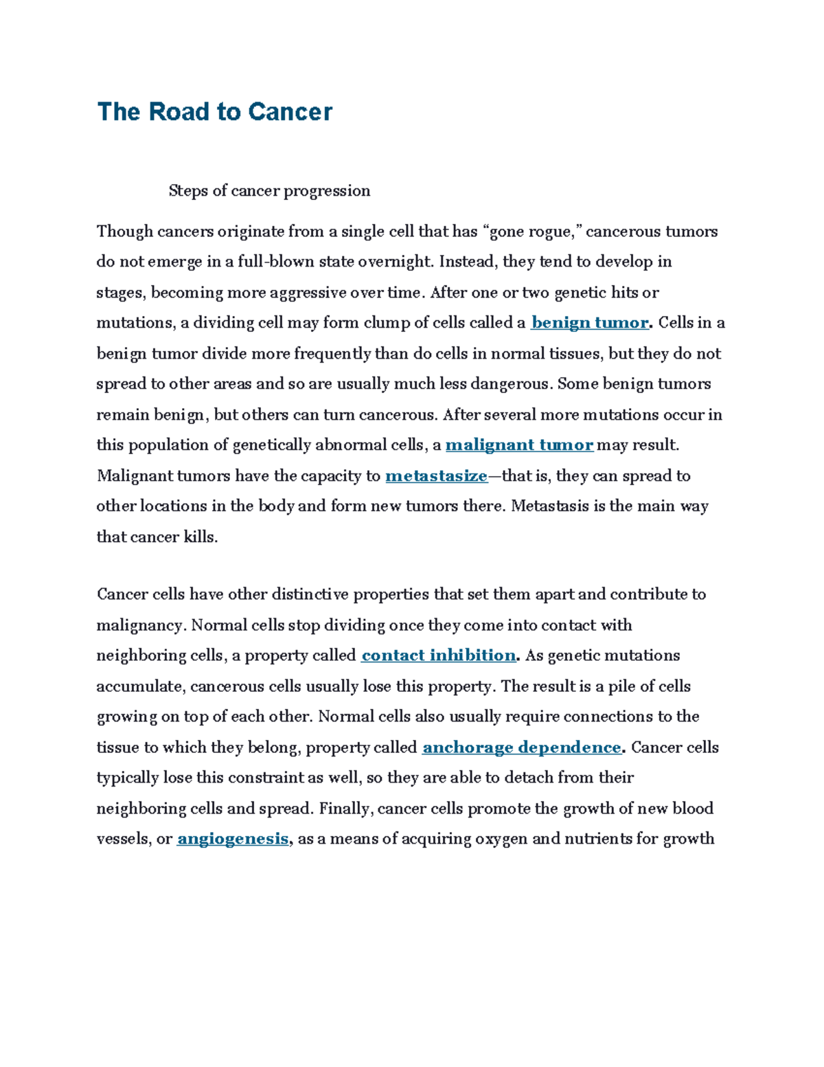 Bio ch. 10.6- The Road to Cancer - The Road to Cancer Steps of cancer ...