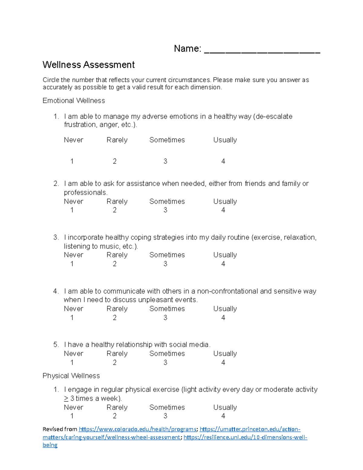 Wellness Assessment - Name: ______________________ Wellness Assessment ...