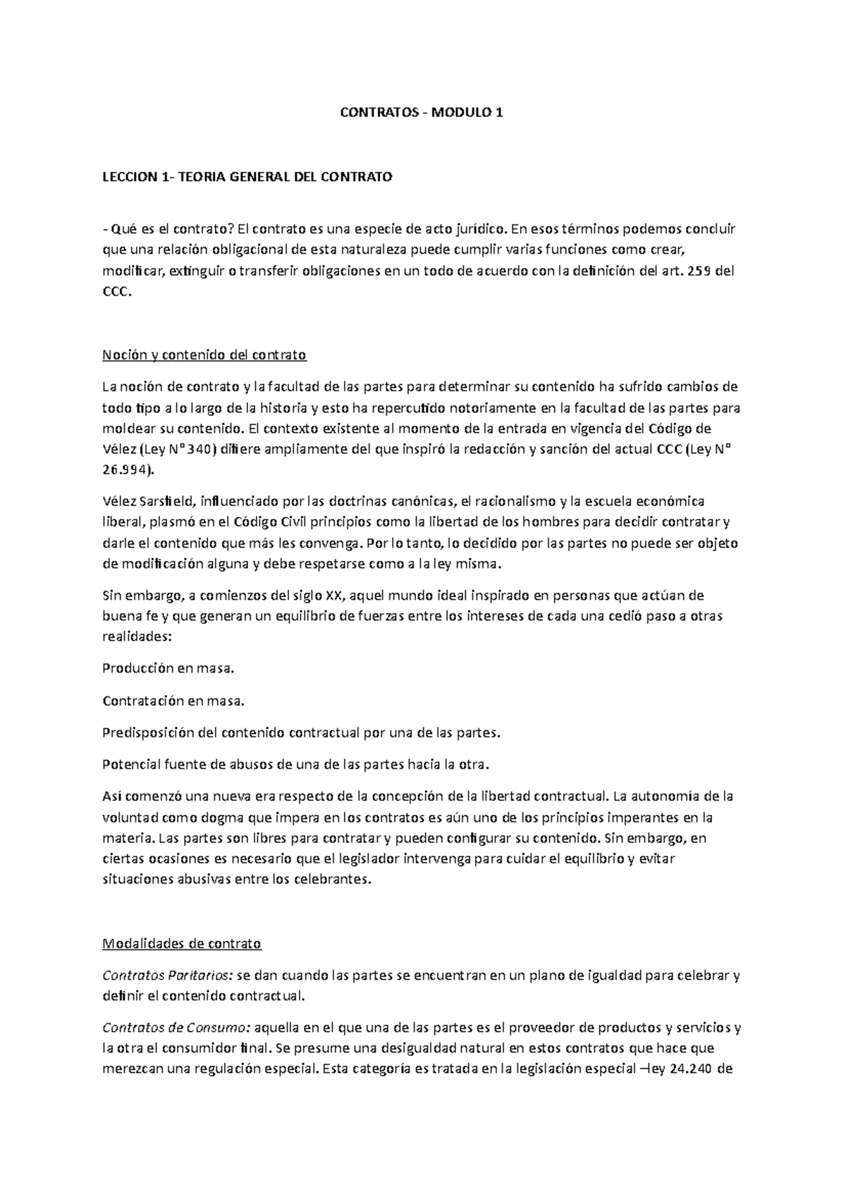 Modulo 1 - CONTRATOS - MODULO 1 LECCION 1- TEORIA GENERAL DEL CONTRATO Qué es el contrato? El ...
