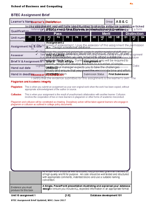 1920 Unit 10 Assignment 1 Brief - BTEC Assignment Brief ####### Scenario You are a trainee ...