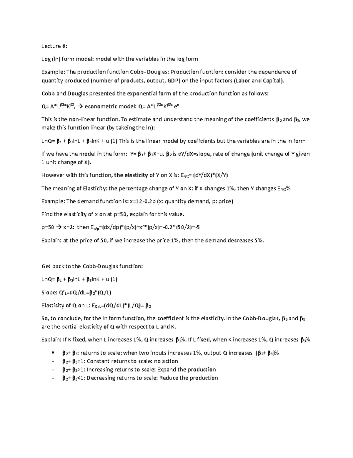 Lecture 6 - Lecture 6: Log (ln) form model: model with the variables in ...