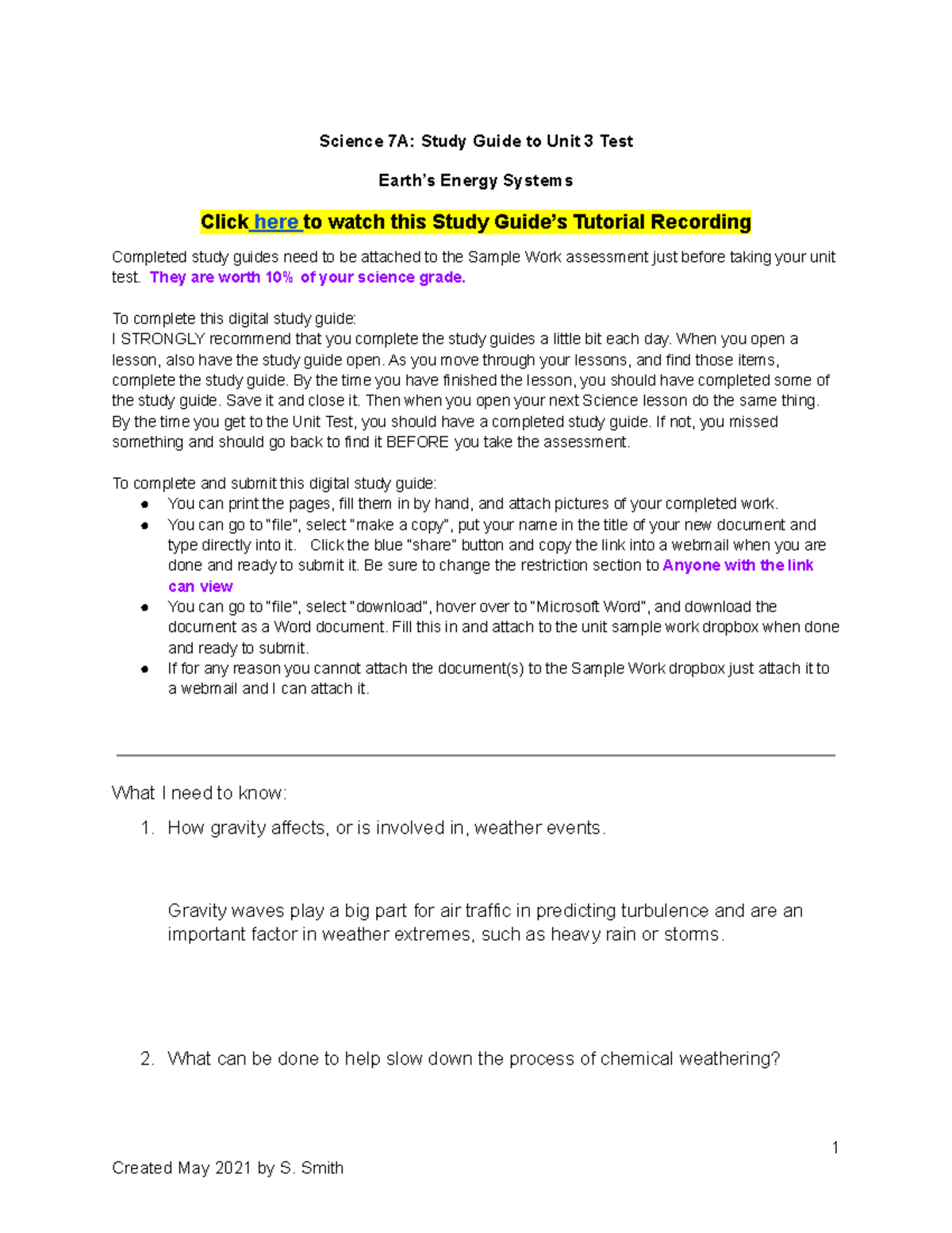 Copy of Science 7A Unit 3 (Earth's Energy Systems) Study Guide 2022 ...