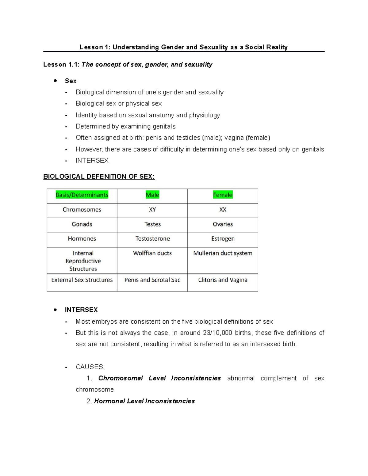 Lesson 1 (Understanding Gender and Sexuality as a Social Reality ...