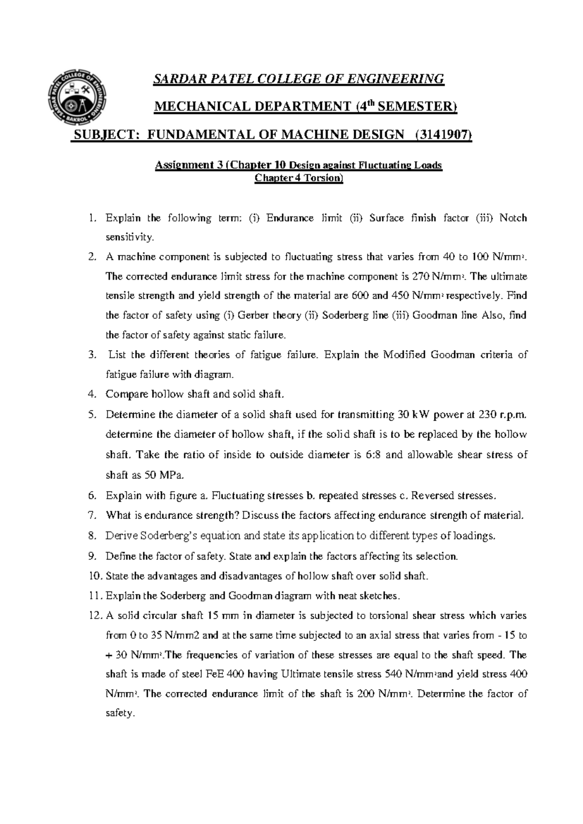 FMD Assignment 3 - SARDAR PATEL COLLEGE OF ENGINEERING MECHANICAL DEPARTMENT ( 4 th SEMESTER ...