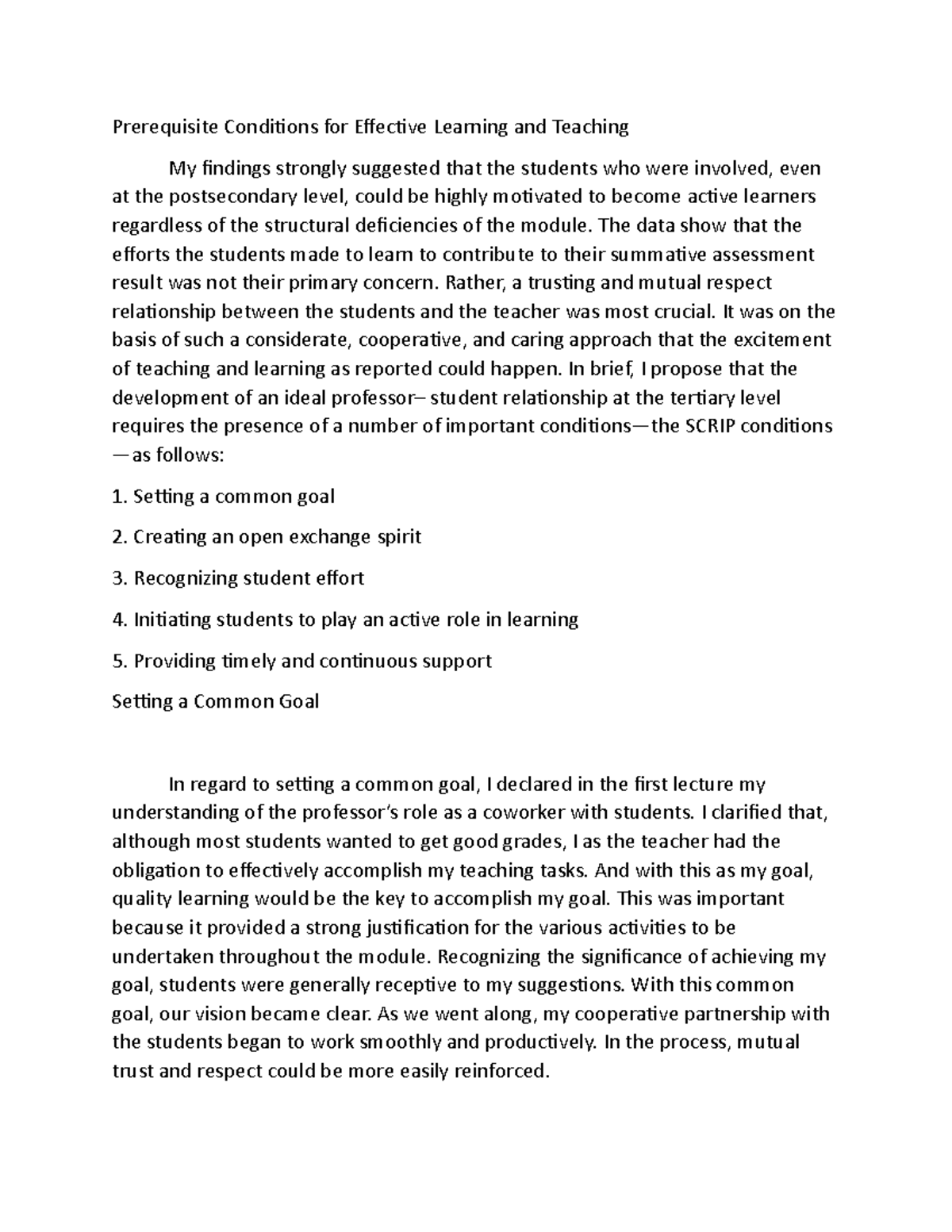 Prerequisite Conditions for Effective Learning and Teaching - The data ...
