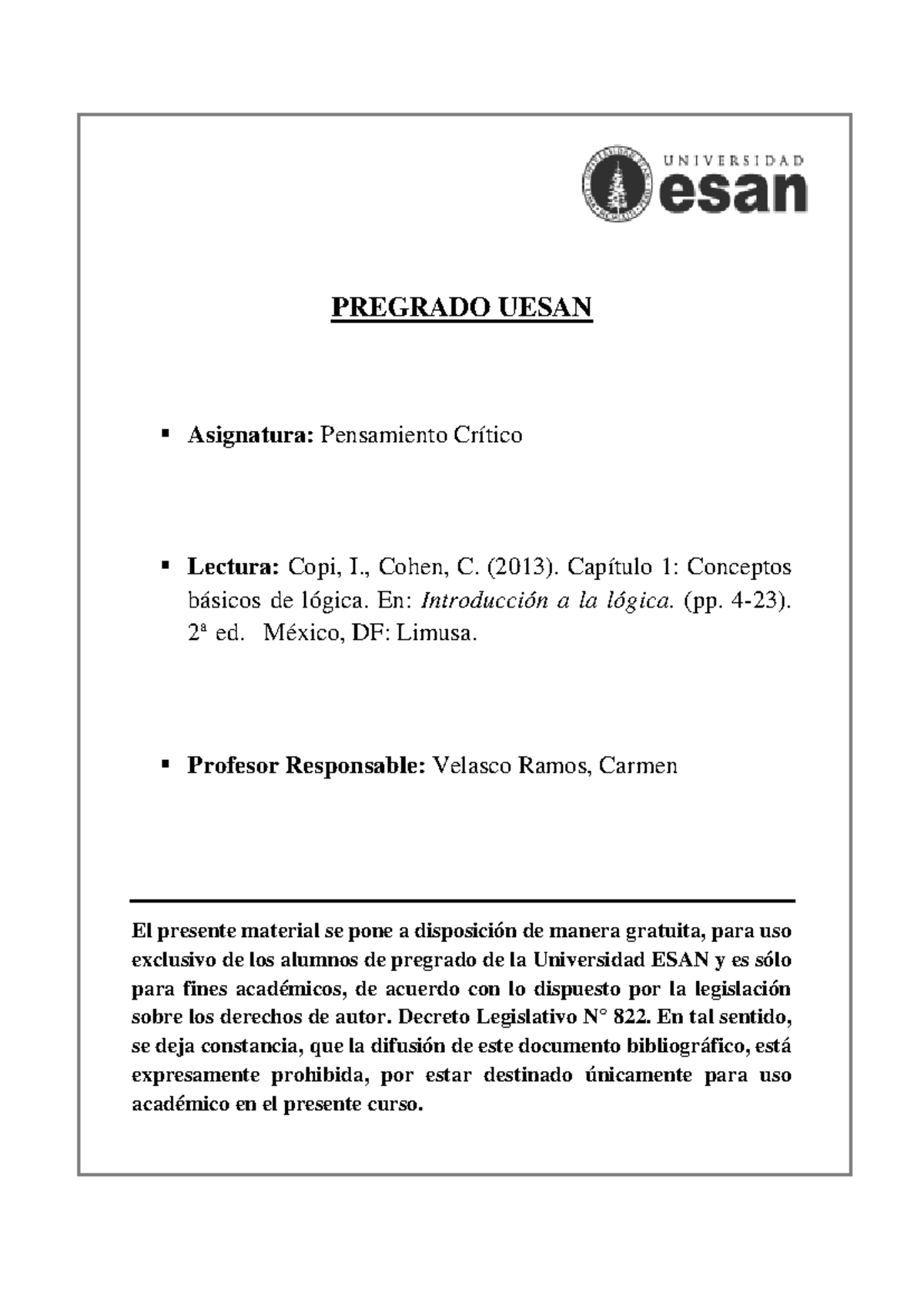 Copi 2013 cap 1pc2 - Copi 2013 cap 1pc2.pdf - PREGRADO UESAN Asignatura: Pensamiento Crítico ...