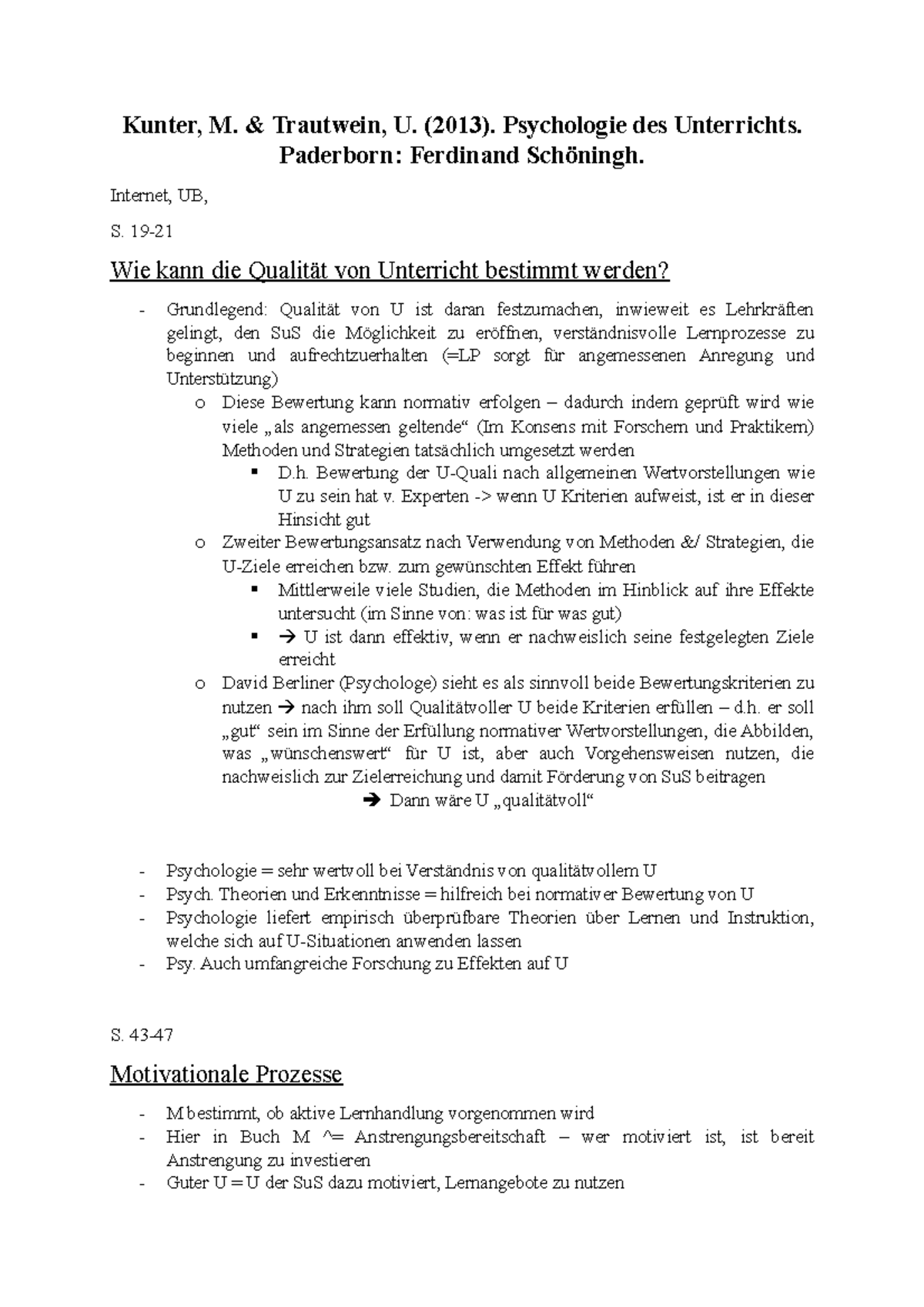 Kunter, Trautwein Psychologie des Unterrichts - Kunter, M. & Trautwein ...