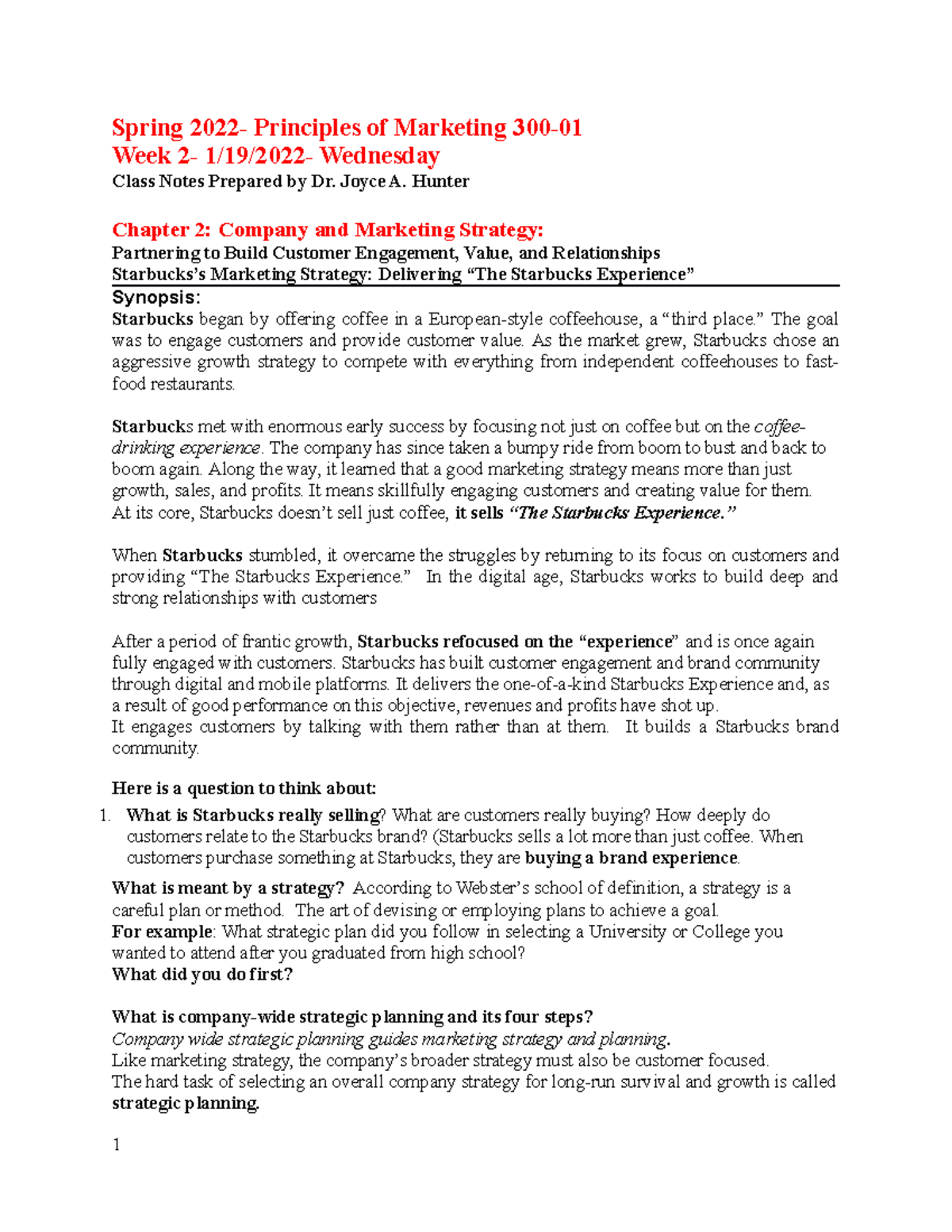 Spring 2022-Mktg 300-01 Chapter 2 Class Notes Wed - Spring 2022 ...