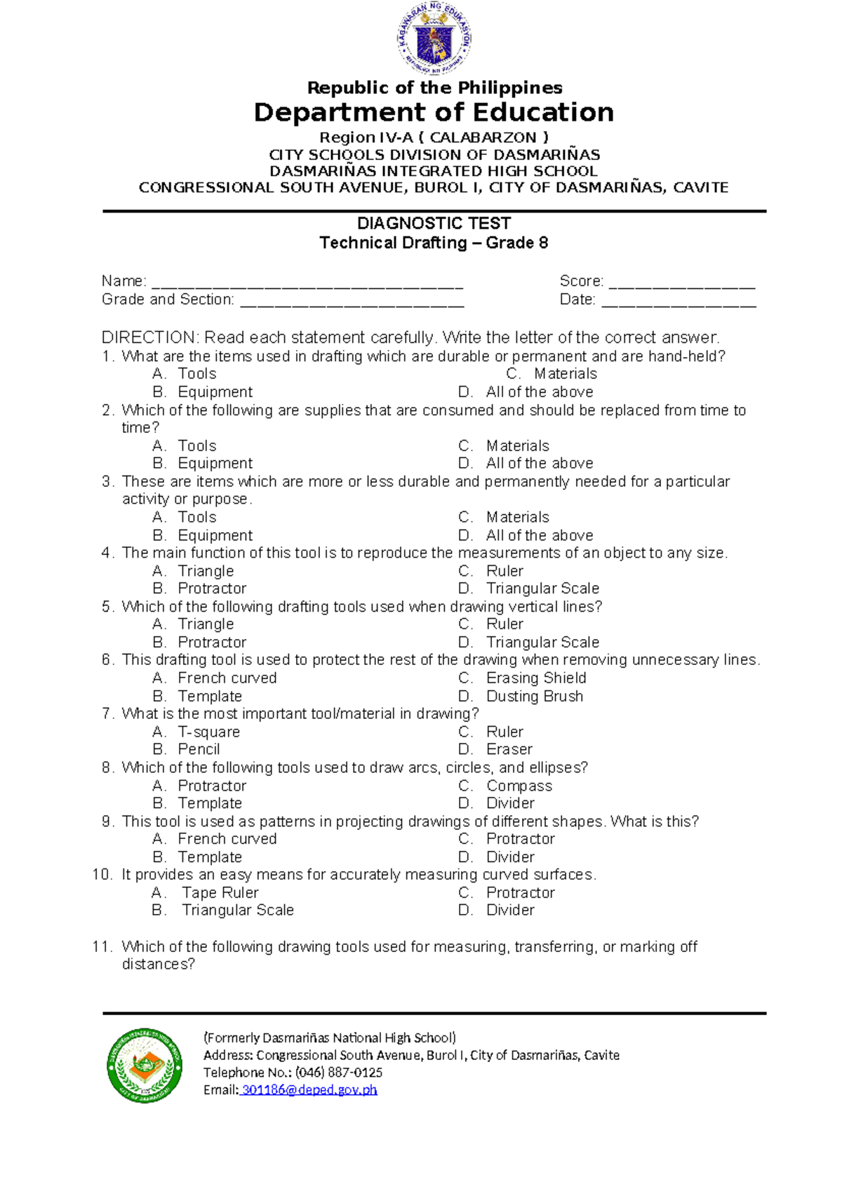 Diagnostic-Test Drafting - Department of Education Region IV-A ...