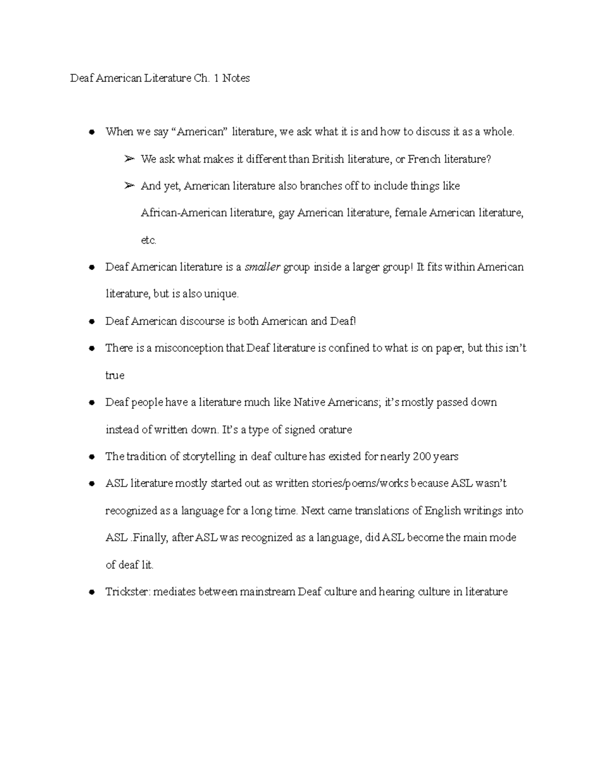 Deaf Lit Ch. 1 Notes - Deaf American Literature Ch. 1 Notes When we say ...