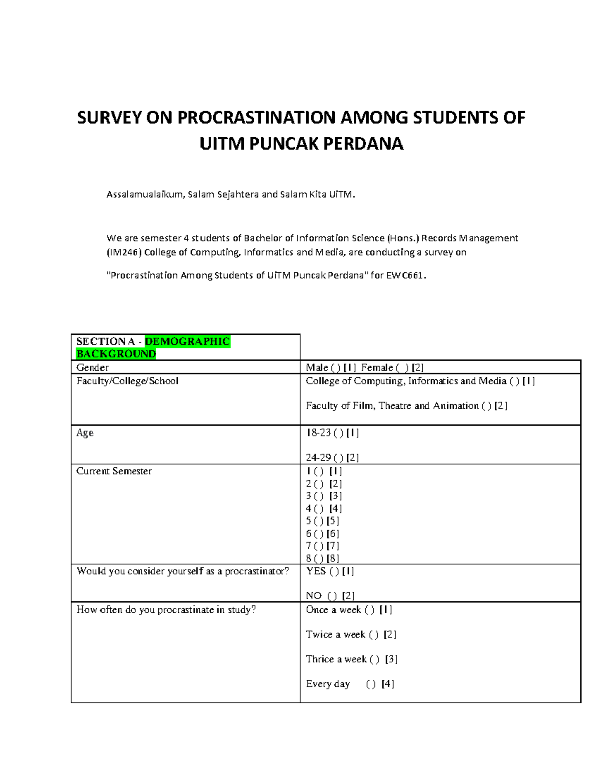 Questionnare and Framework - SURVEY ON PROCRASTINATION AMONG STUDENTS ...