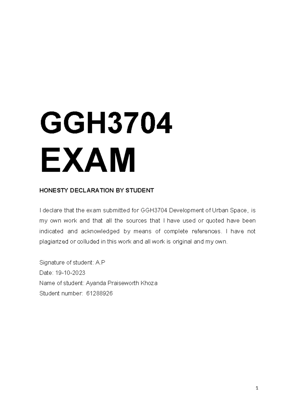 GGH3704 EXAM 61288926 Ayanda Praiseworth khoza - GGH EXAM HONESTY ...