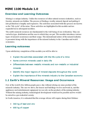 Module 1-4 - MIne notes - Module 1 1 Earth's Mineral Resources: Usage ...