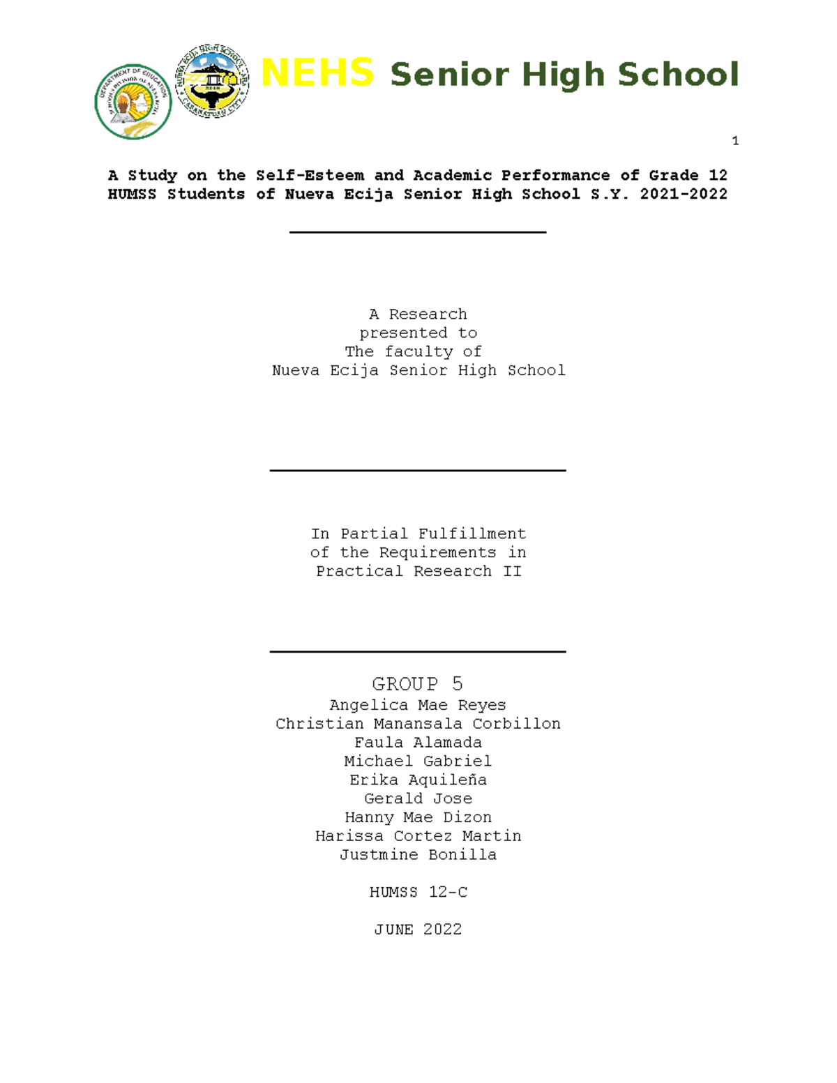 NEHS SHS Humss-12C-Group-5 - 1 A Study on the Self-Esteem and Academic ...