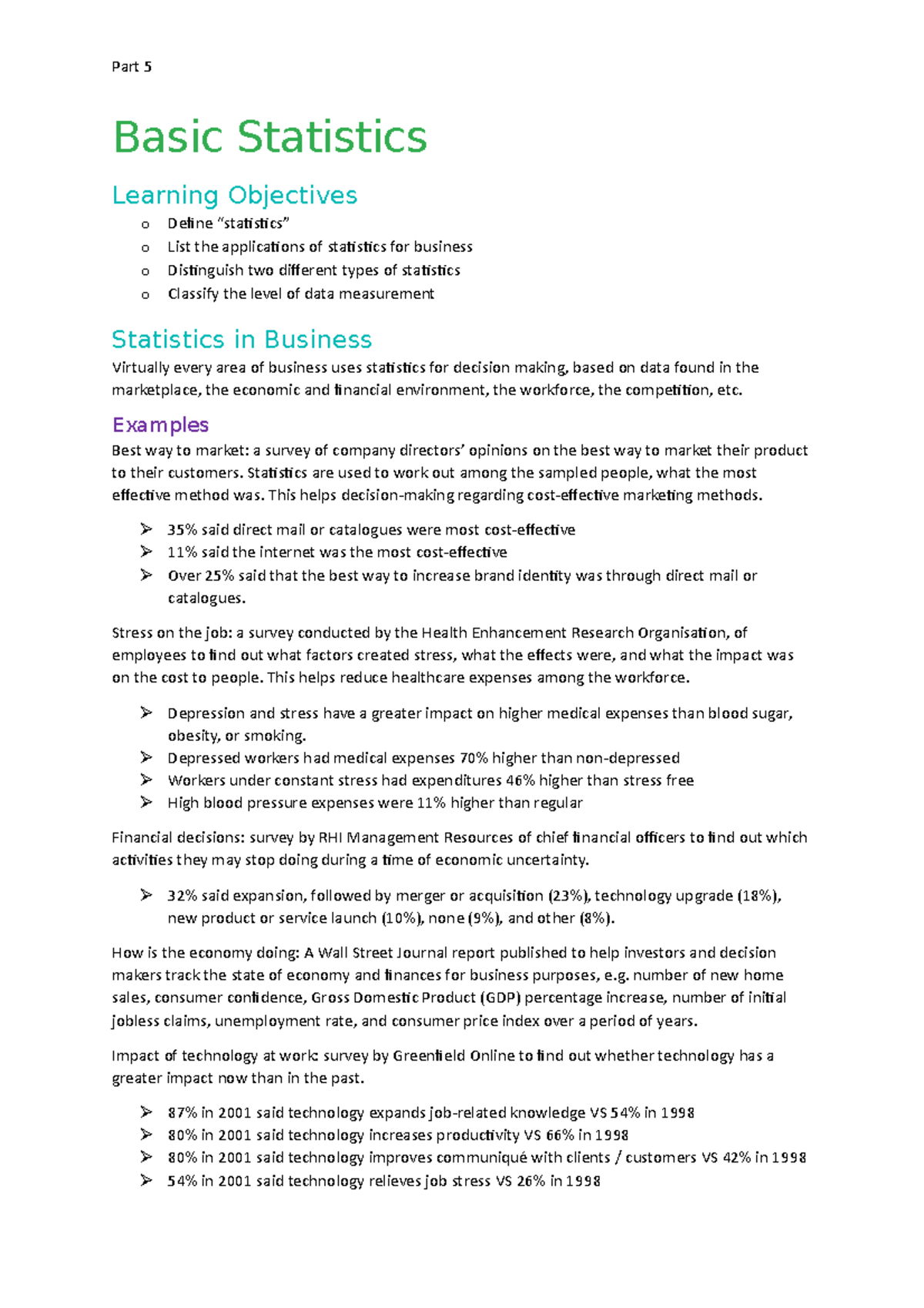 IT & Stats - Basic Stats - Lecture notes Part 5 - Part 5 Basic ...