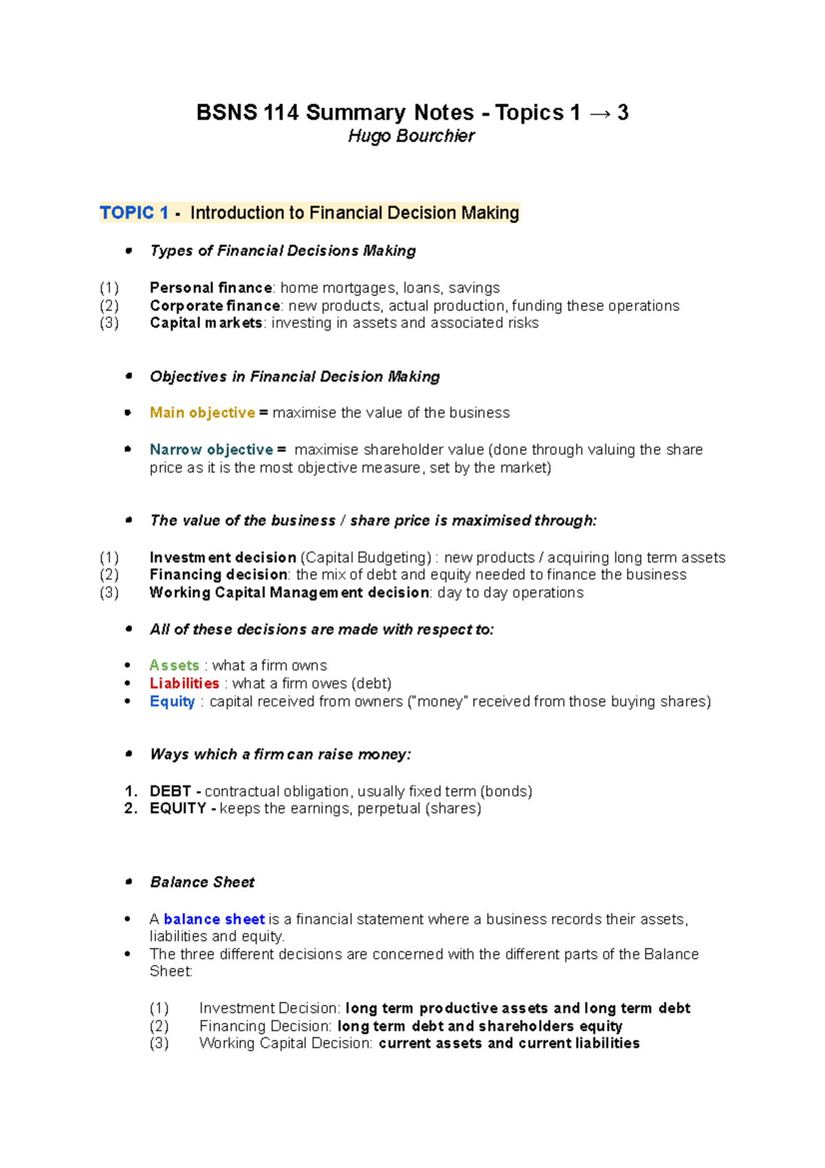 BSNS114 Topics 1-3 - BSNS 114 Summary Notes - Topics 1 → 3 Hugo ...