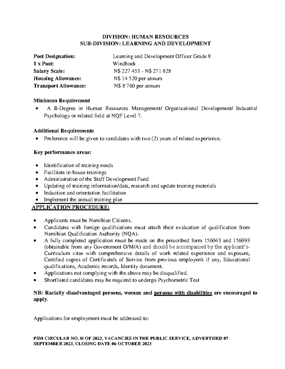 Learning and Development Officer - PSM CIRCULAR NO. H OF 2023 ...