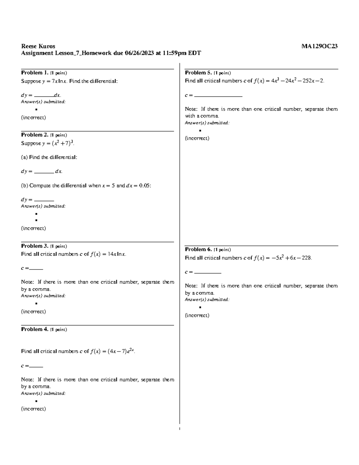 Homework 7 - Reese Kuros MA129OC Assignment Lesson 7 Homework due 06/26 ...