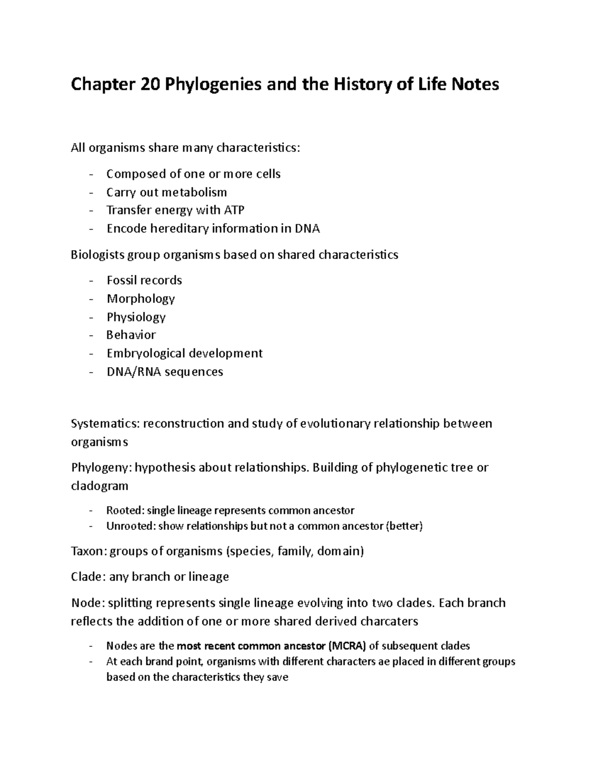 Phylogenies Notes - Chapter 20 Phylogenies and the History of Life ...