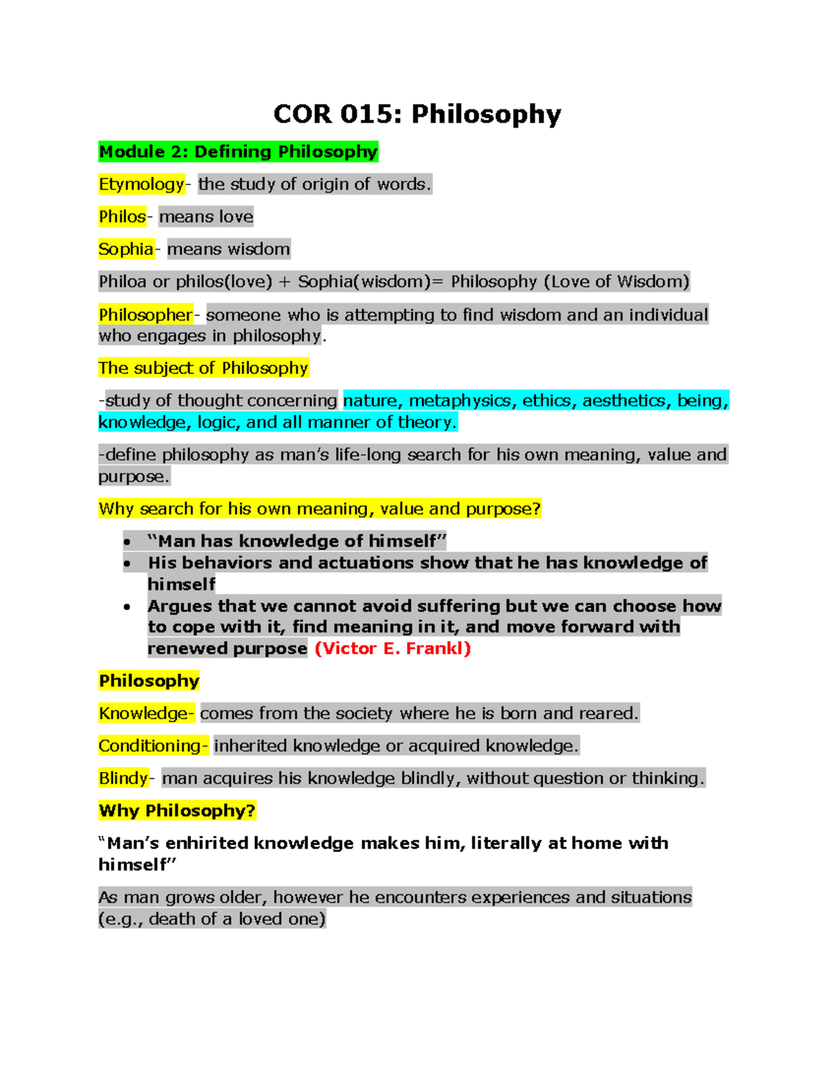 Philosophy Reviewer 1-5 - COR 015: Philosophy Module 2: Defining ...