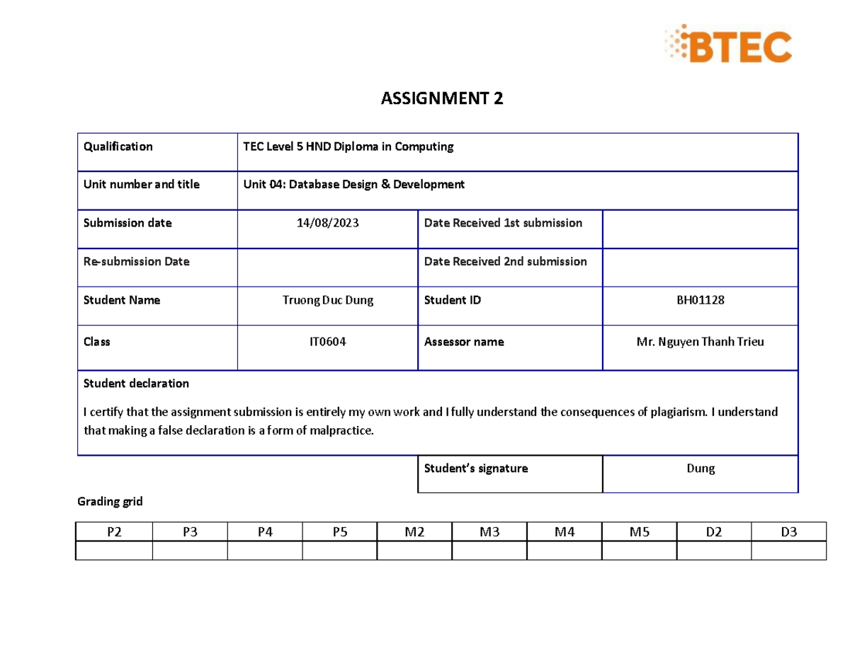 Truong Duc Dung BH01128 Database Design And Development ASM2 1st - ASSIGNMENT 2 Qualification ...