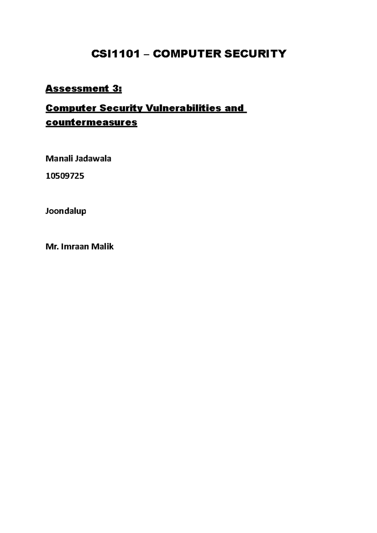 Assignment 3 - Computer Security Vulnerabilities and countermeasures ...