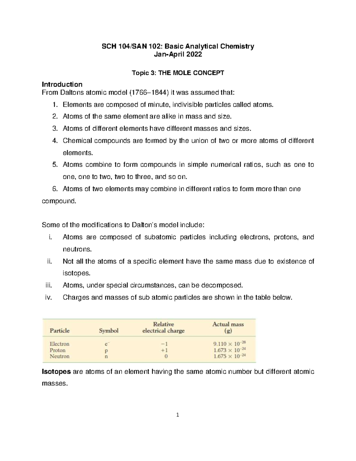 SCH 104-SAN 102 Topic 3-The Mole Concept Lecture notes 2022 - SCH 104 ...