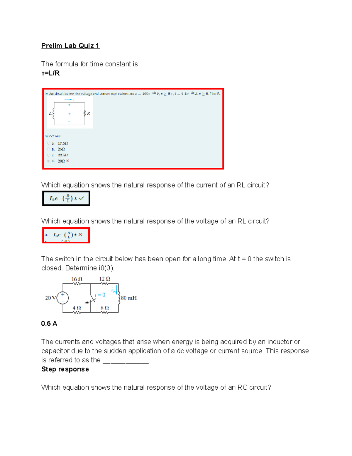Circuit 2 - Lab Quiz 1 - Prelim Lab Quiz 1 - Prelim Lab Quiz 1 The formula for time constant is ...