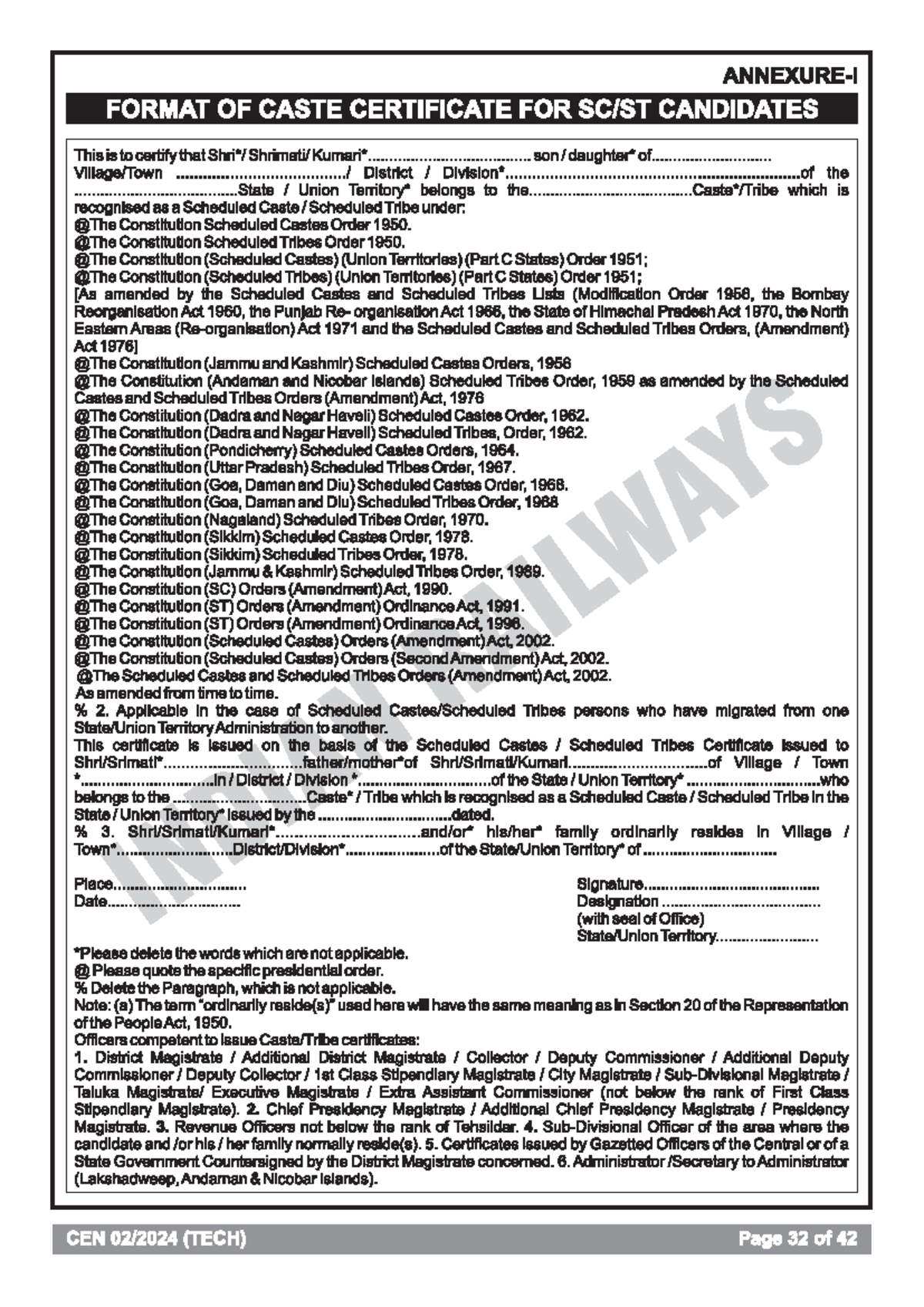 SC-ST Certificate CEN 02-2024 - Annexure-I - FORMAT OF CASTE ...