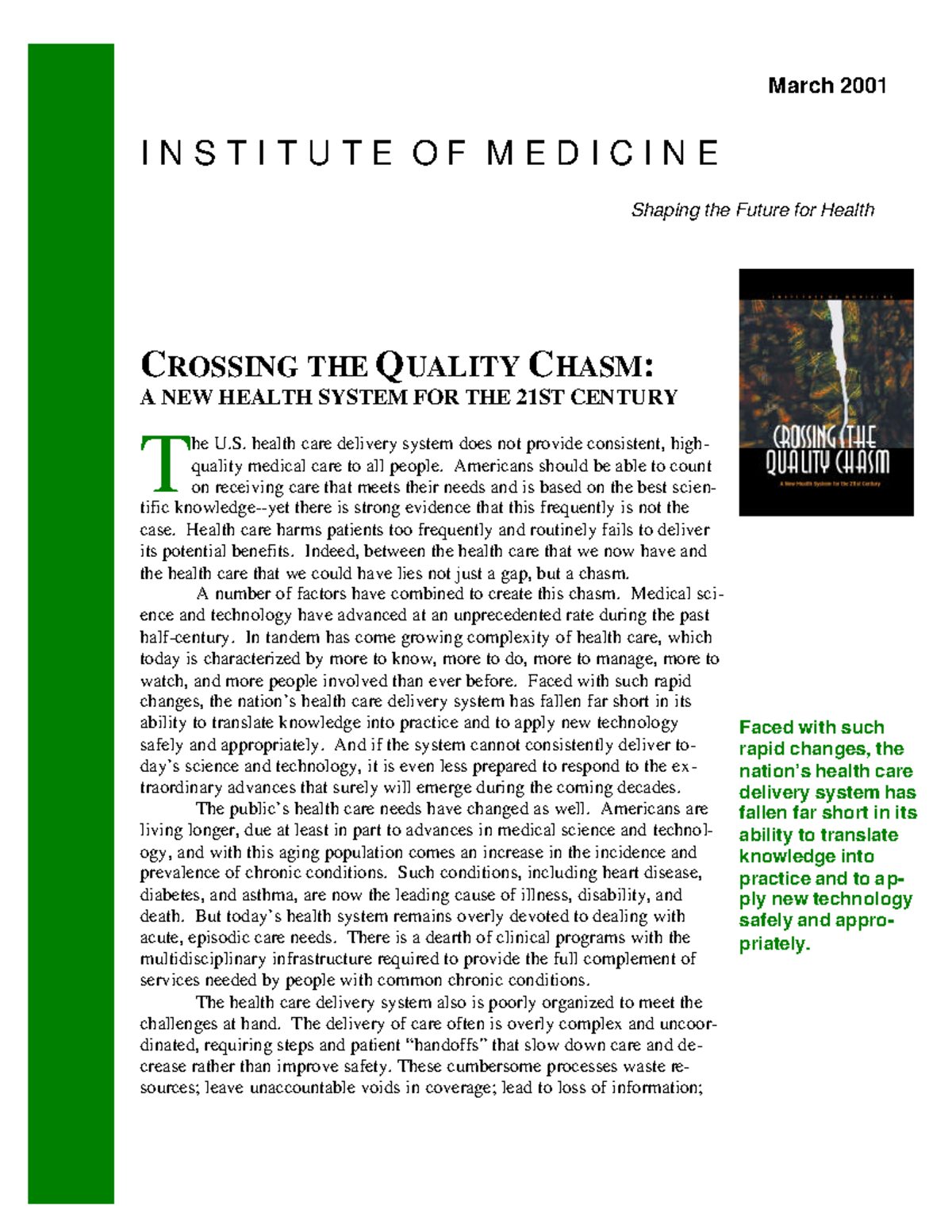 Crossing the Quality Chasm - March 2001 I N S T I T U T E O F M E D I C ...