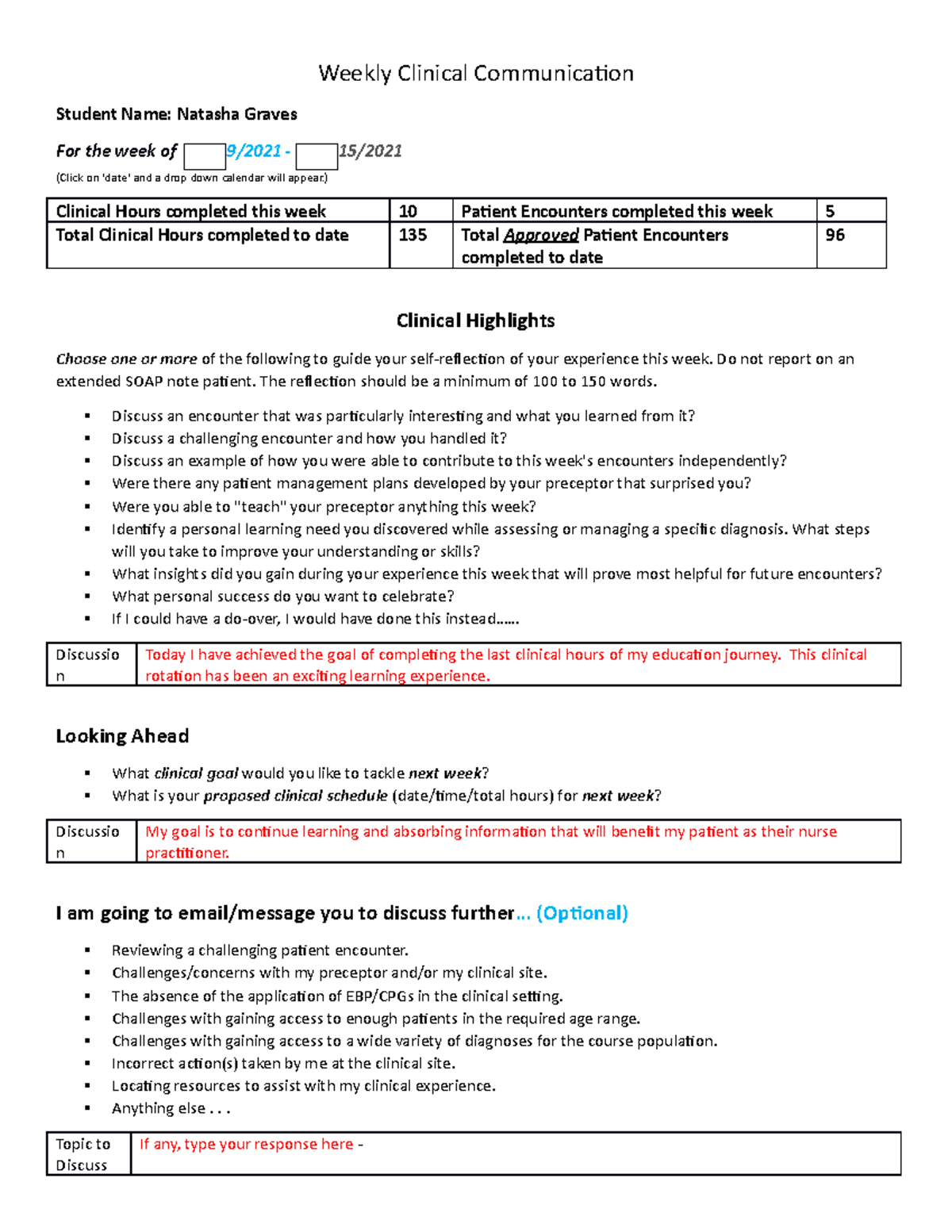 8.9.2021 Unit 13 weekly communication - Weekly Clinical Communication ...