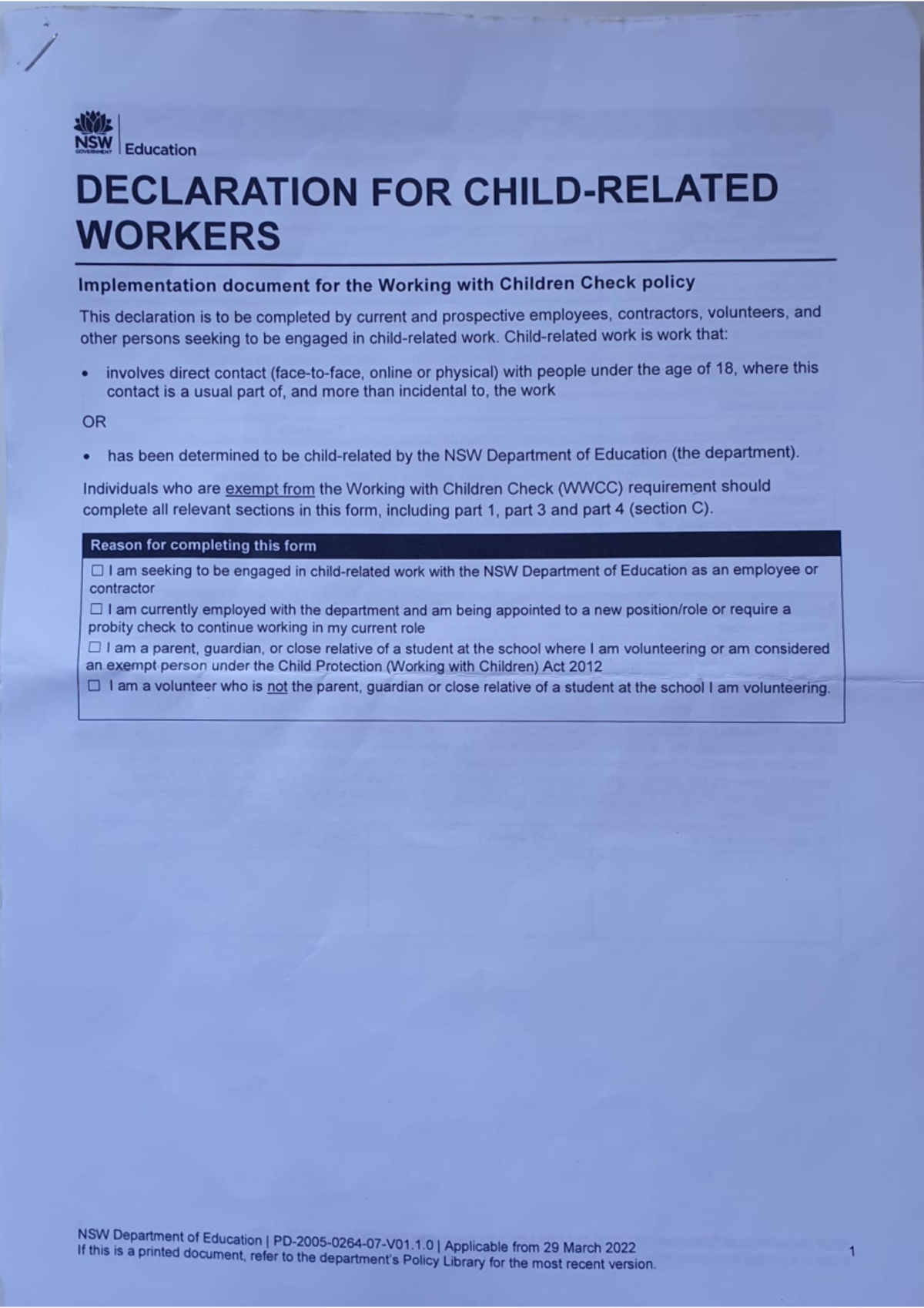 Working with Children from - NSW GOVERNMENT Education DECLARATION FOR ...