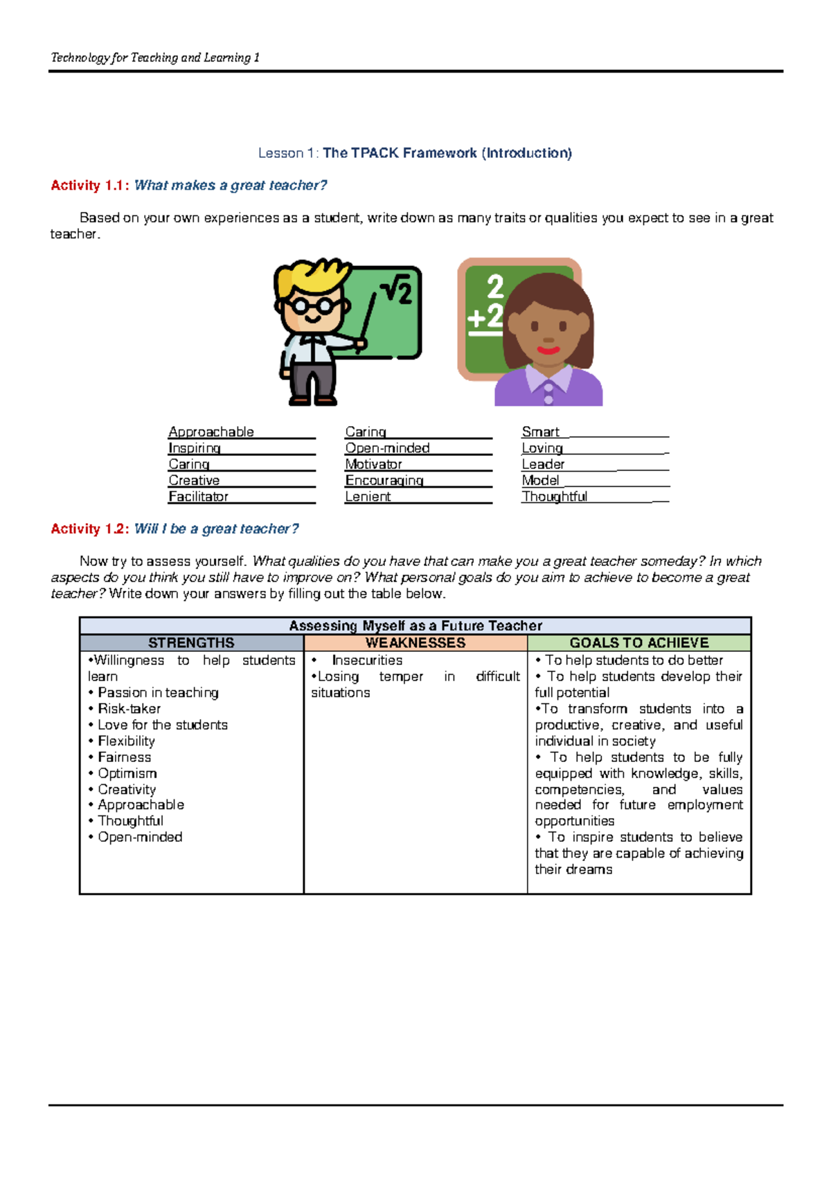 Tpack Framework (Introduction) - Technology for Teaching and Learning 1 ...