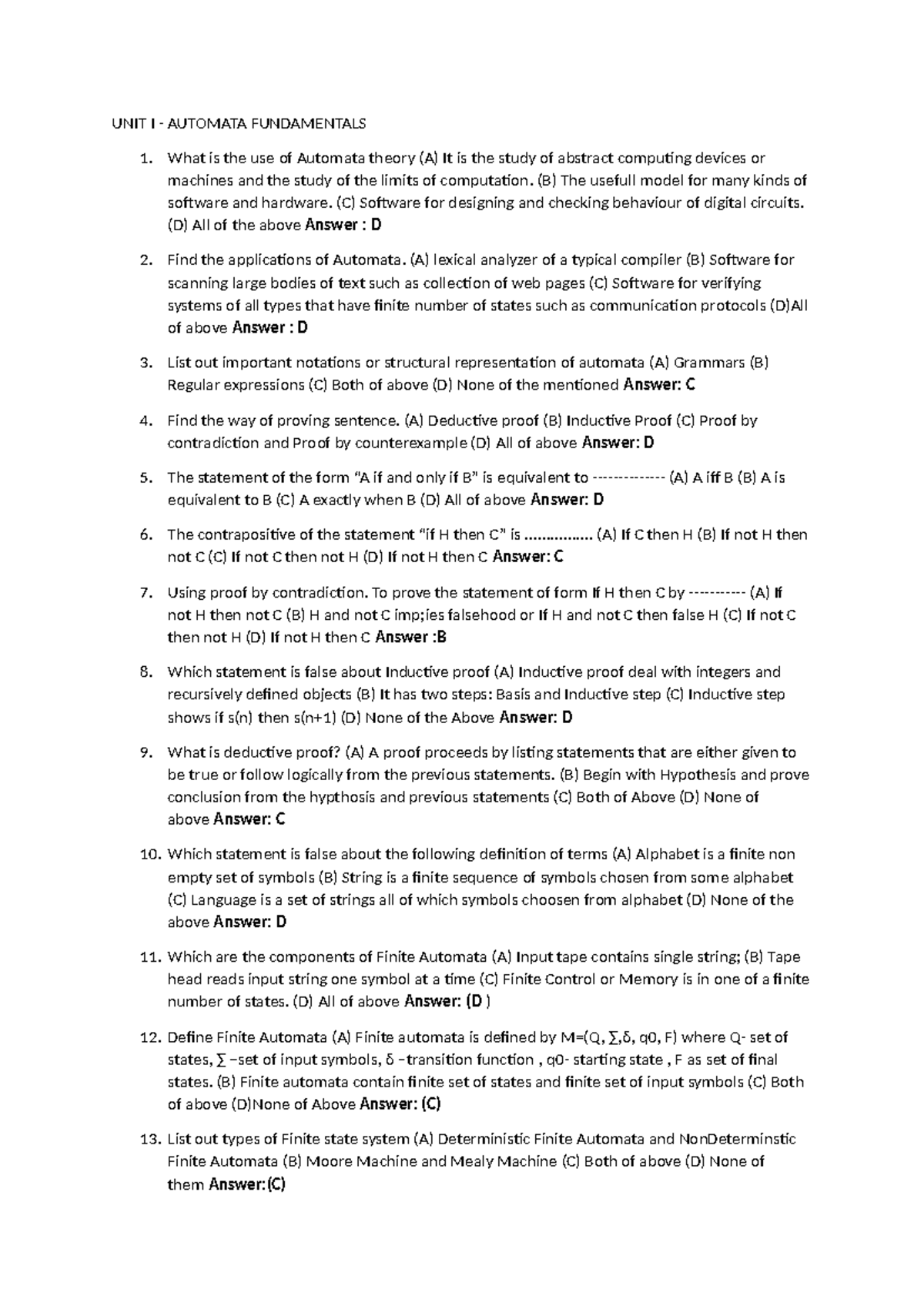 TOC MCQ's with answers - UNIT I - AUTOMATA FUNDAMENTALS What is the use of Automata theory (A ...