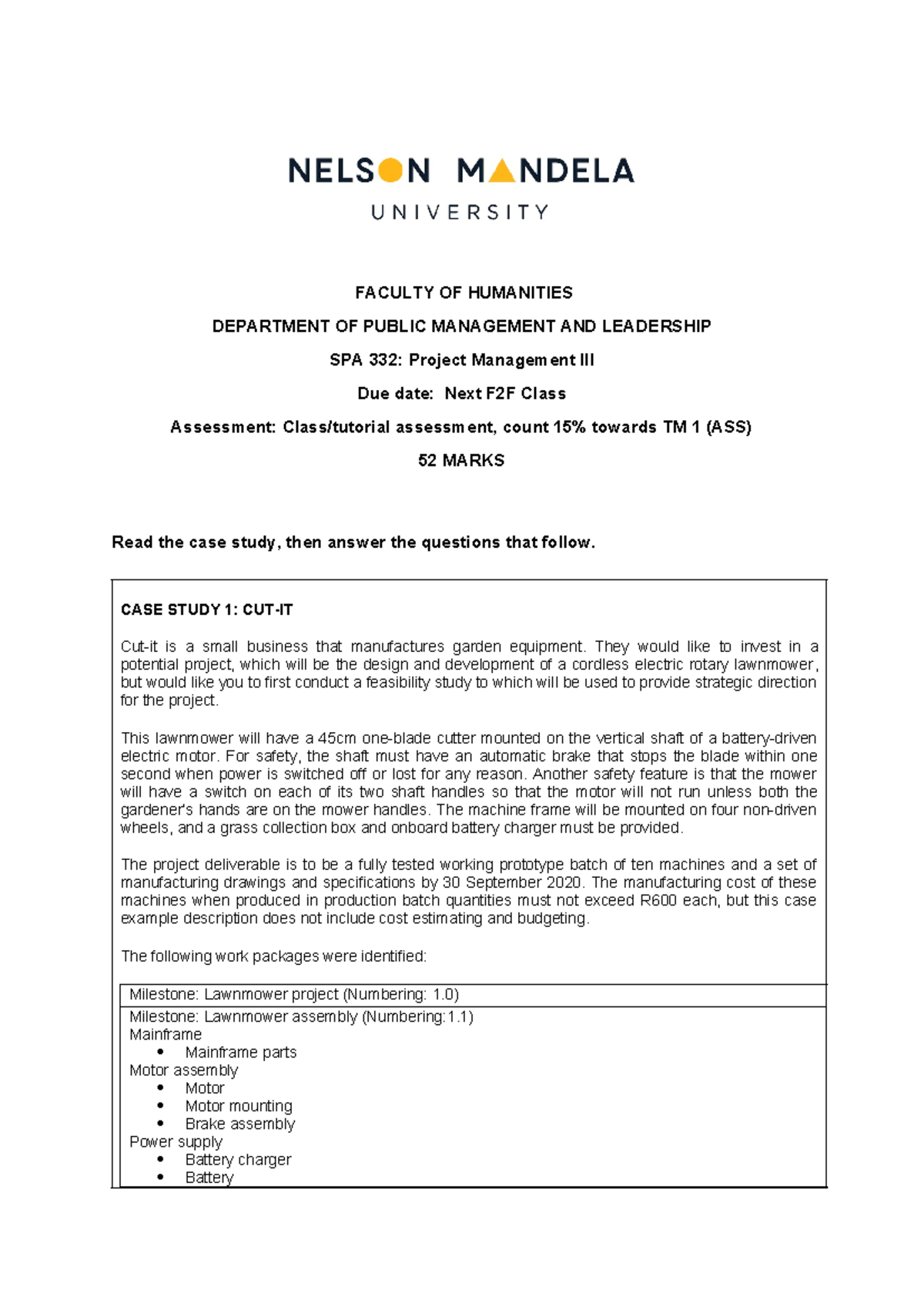 Project Management TUT assessment - FACULTY OF HUMANITIES DEPARTMENT OF ...
