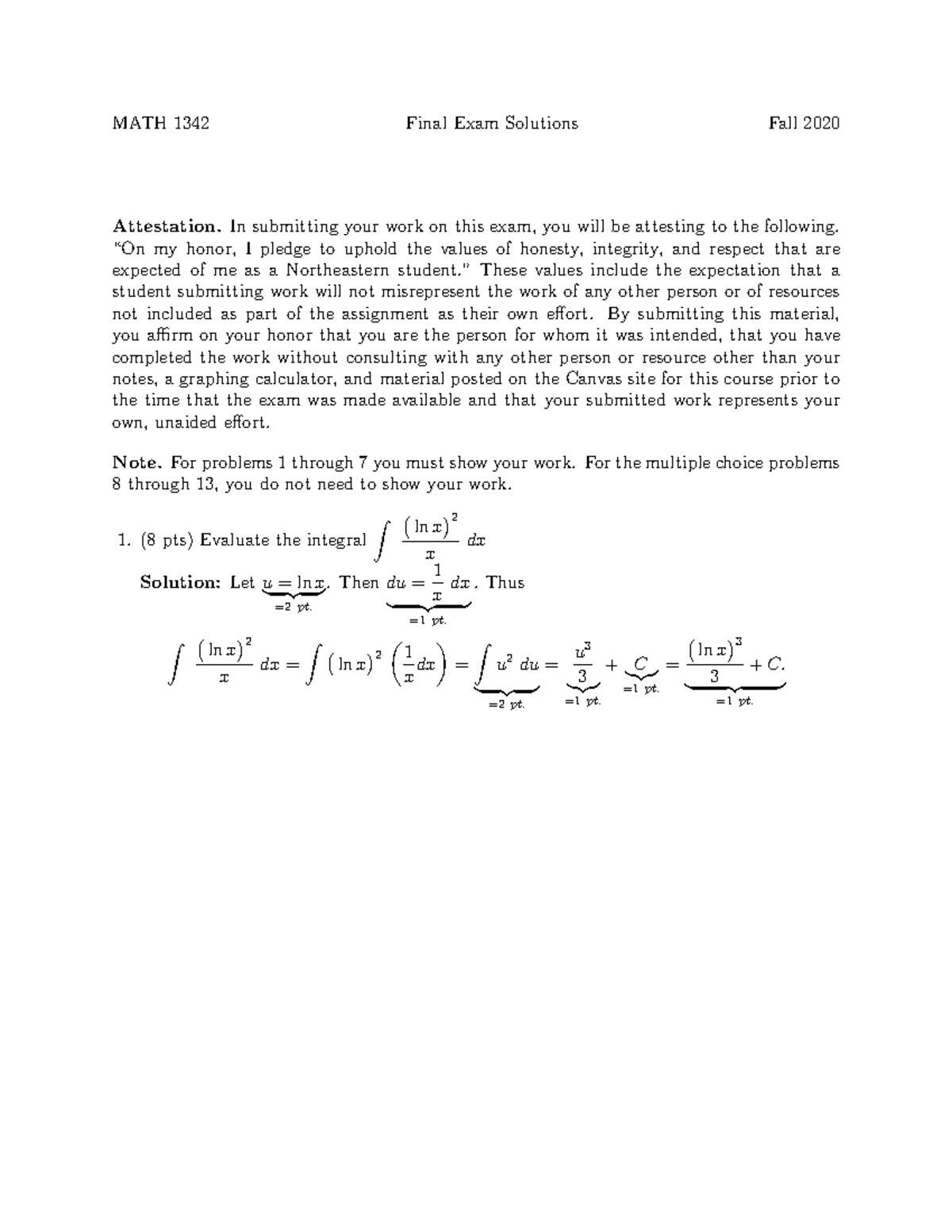 1342 Final EXAM FALL 2020 Solutions 12 17 2020 - MATH 1342 Final Exam ...