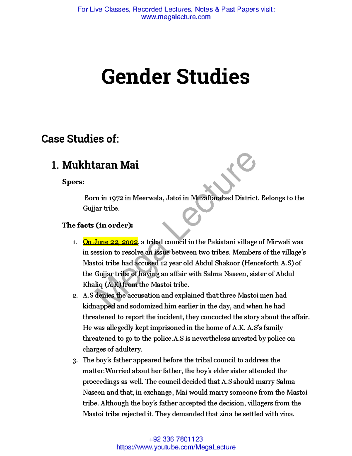 Gender Studies Case Studies of 1 Mukhtar - Gender Studies Case Studies of: 1. Mukhtaran Mai ...